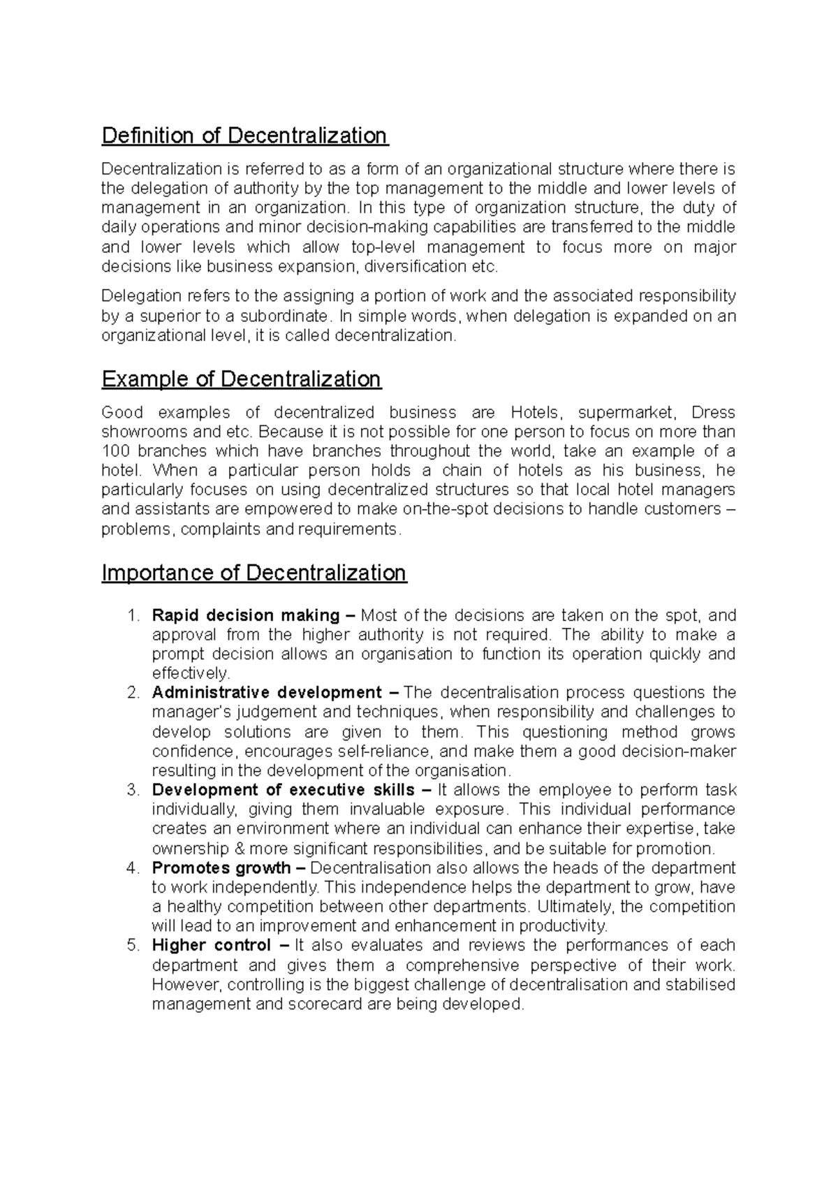 Assignment - Lecture notes 5 - Definition of Decentralization ...