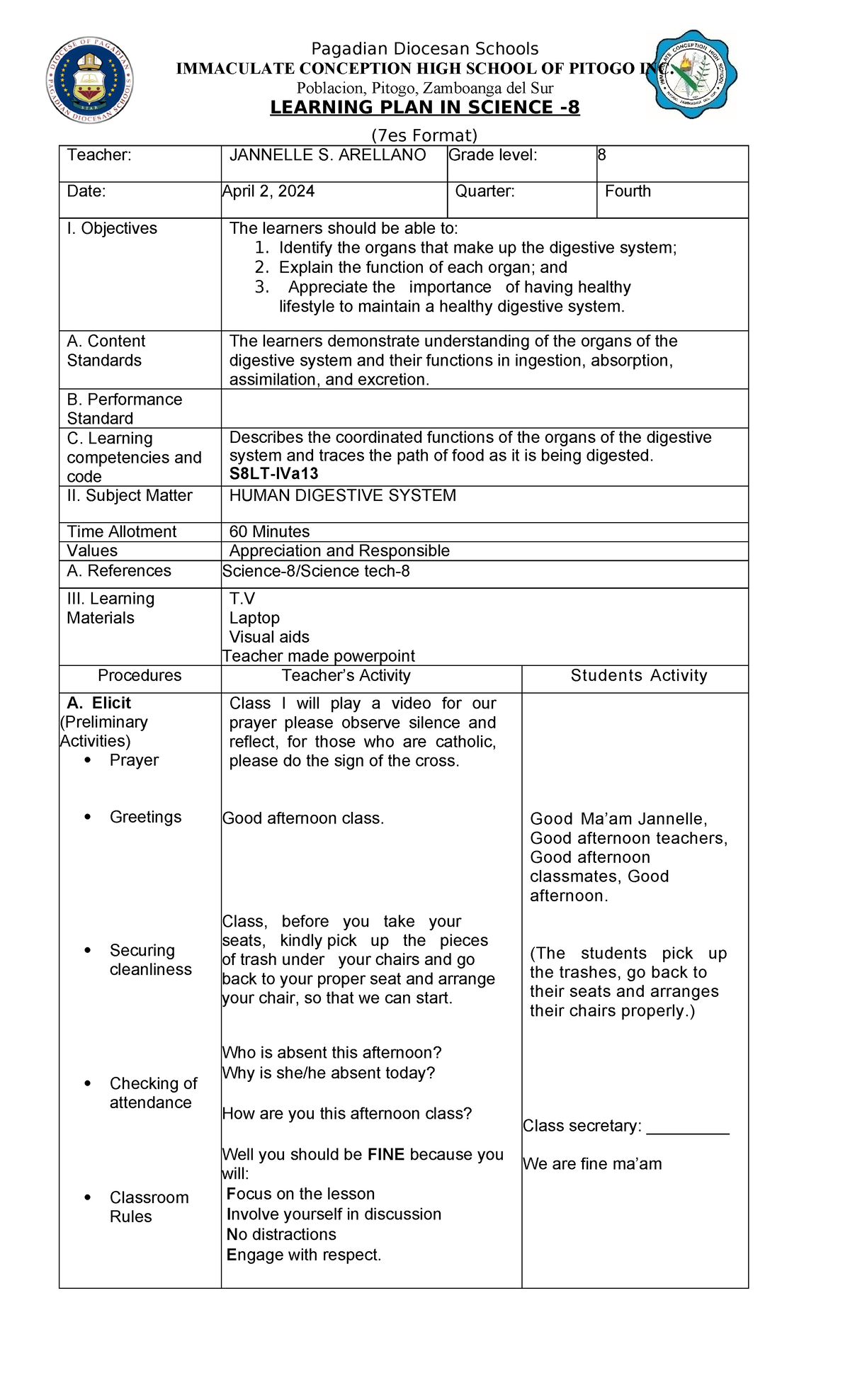 Detailed lesson plan 7ES - IMMACULATE CONCEPTION HIGH SCHOOL OF PITOGO ...