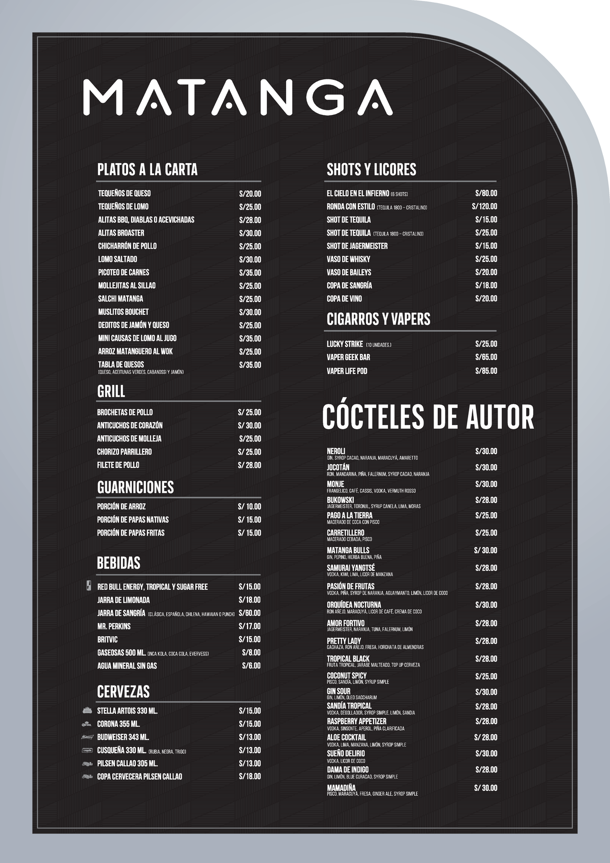 Matanga Carta pernod - MATANGA PLATOS A LA CARTA SHOTS Y LICORES ...