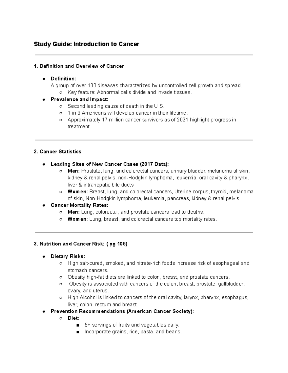 Ms ch.7 - cancer - Study Guide: Introduction to Cancer Definition and ...