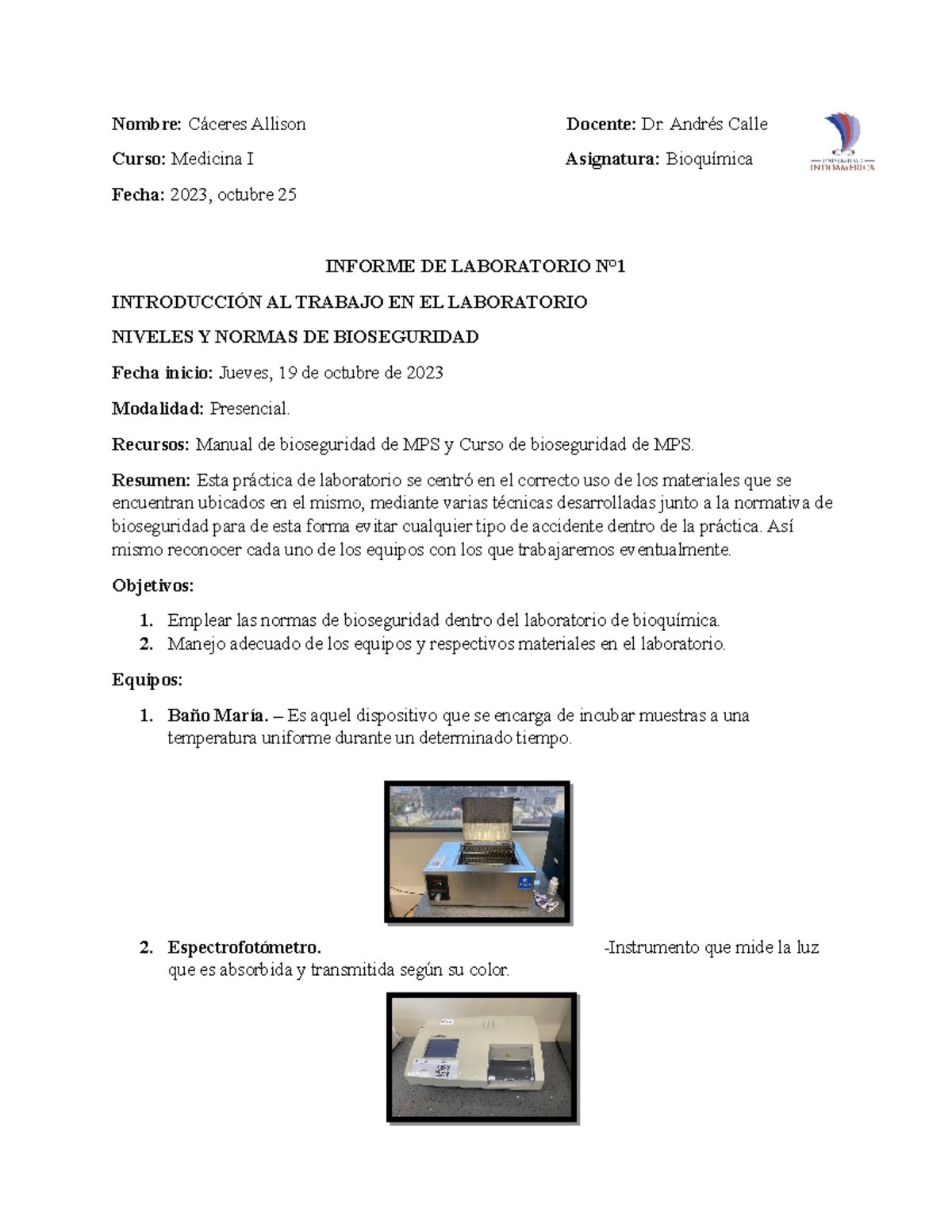 Informe DE Laboratorio - Nombre: Cáceres Allison Docente: Dr. Andrés ...