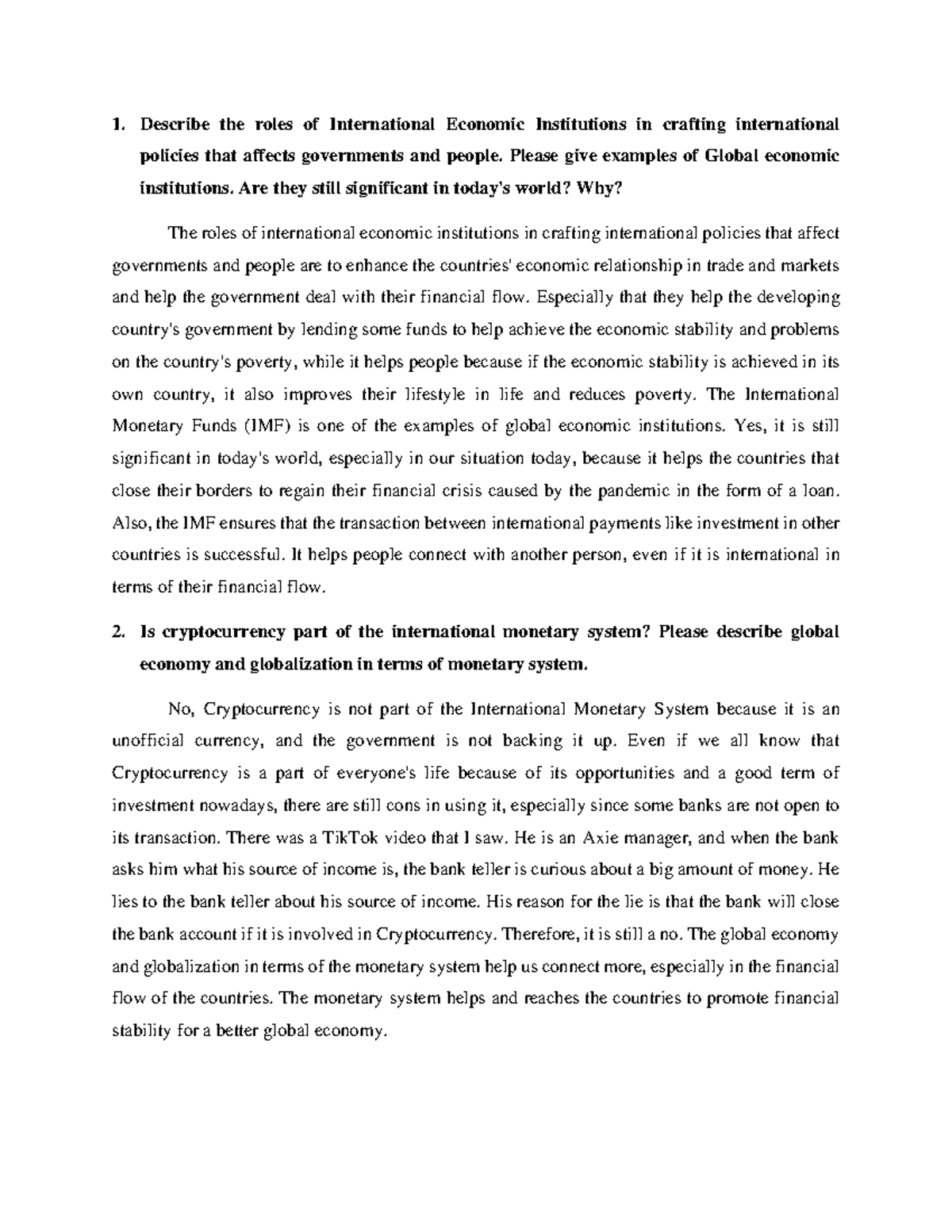 Economic Dimension of Globalization - 1. Describe the roles of ...