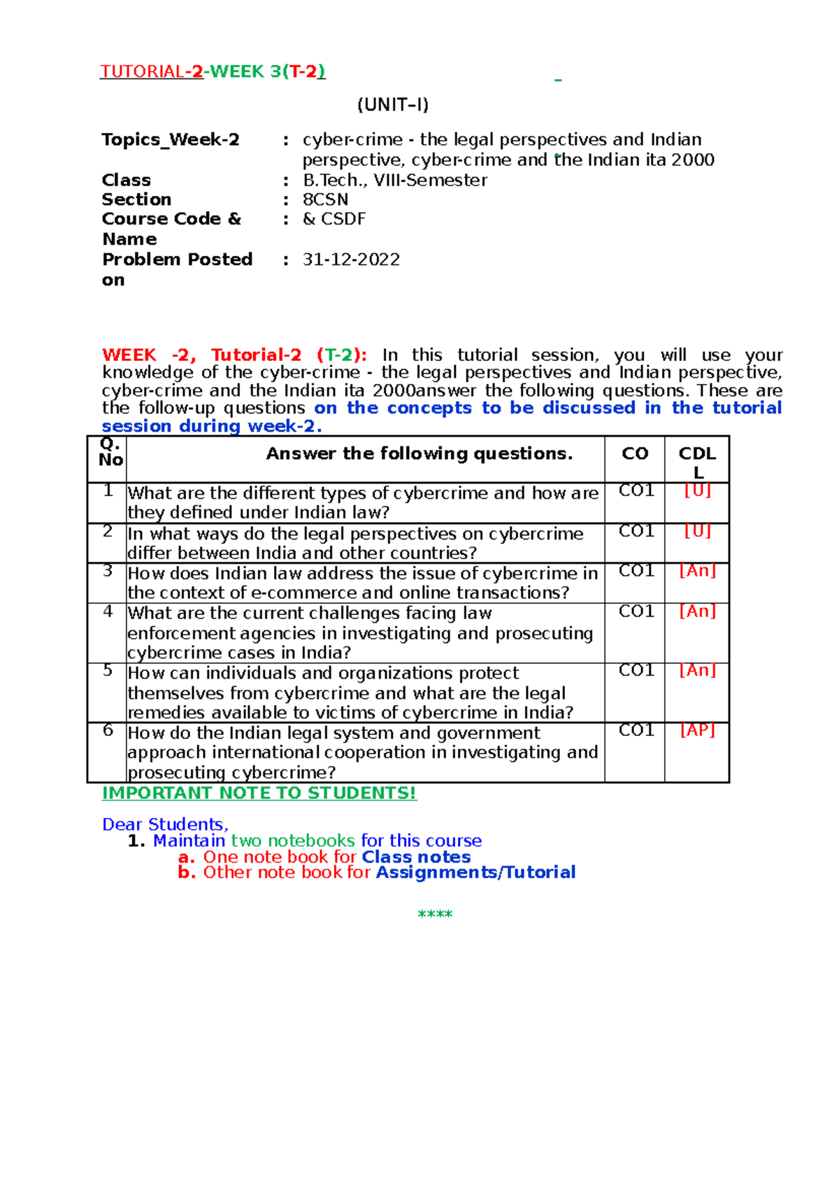 Cse t2 - Hbzbnsbs - TUTORIAL-2-WEEK 3(T-2) (UNIT–I) Topics_Week-2 ...