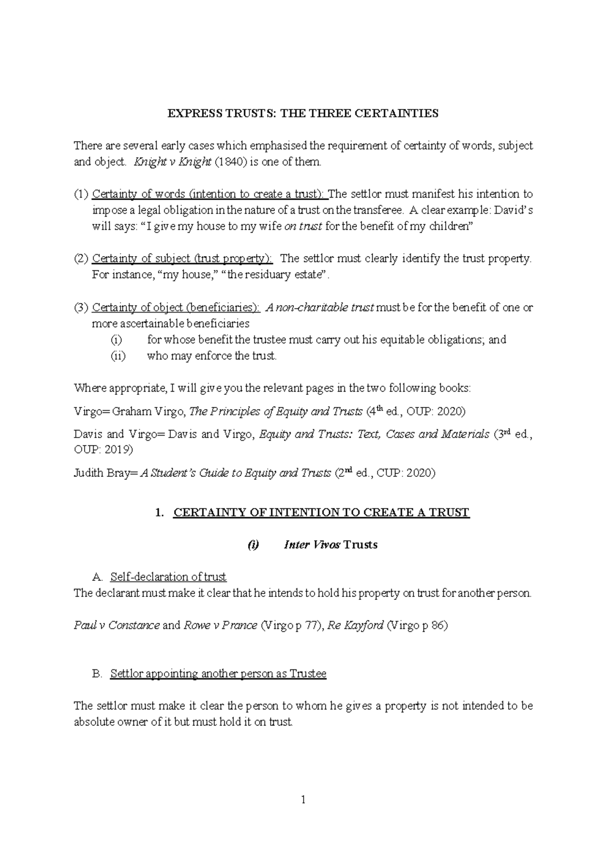 Unit 2 Creating an Express Trust The Three Certainties - EXPRESS TRUSTS: THE THREE CERTAINTIES ...