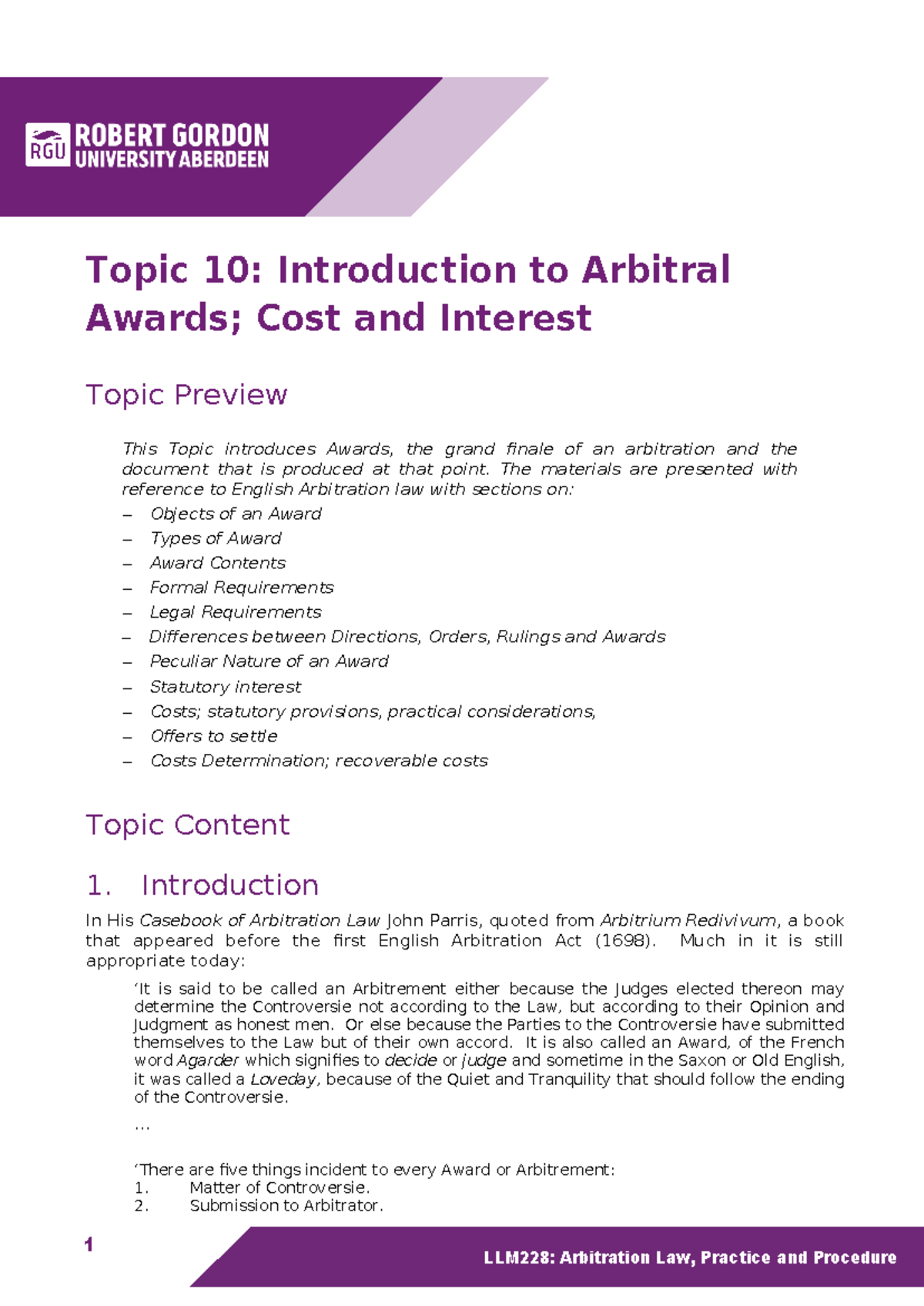 Arbitration Practice Procedure - Topic 10 Arbitral Awards, Cost and Interest - Topic 10: - Studocu