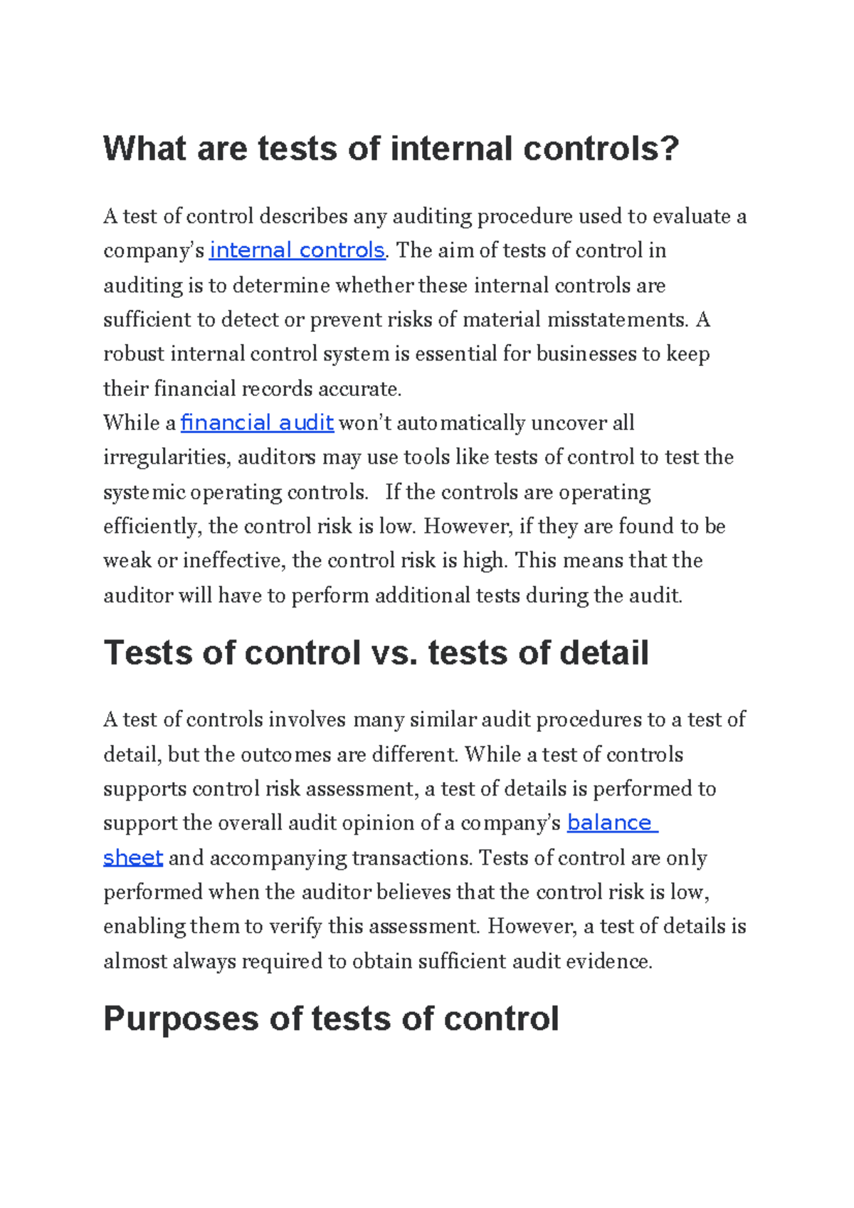 What are tests of internal controls - The aim of tests of control in ...