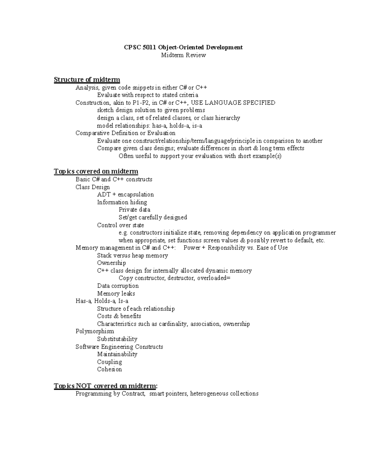 Midterm Review - CPSC 5011 Object-Oriented Development Midterm Review Structure of midterm ...