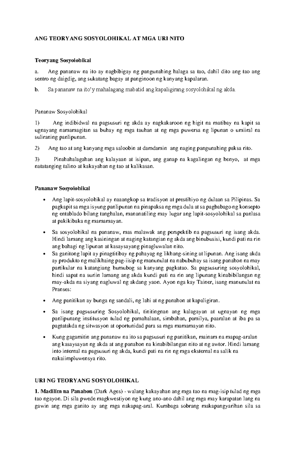 ANG Teoryang Sosyolohikal AT MGA URI NITO - ANG TEORYANG SOSYOLOHIKAL ...