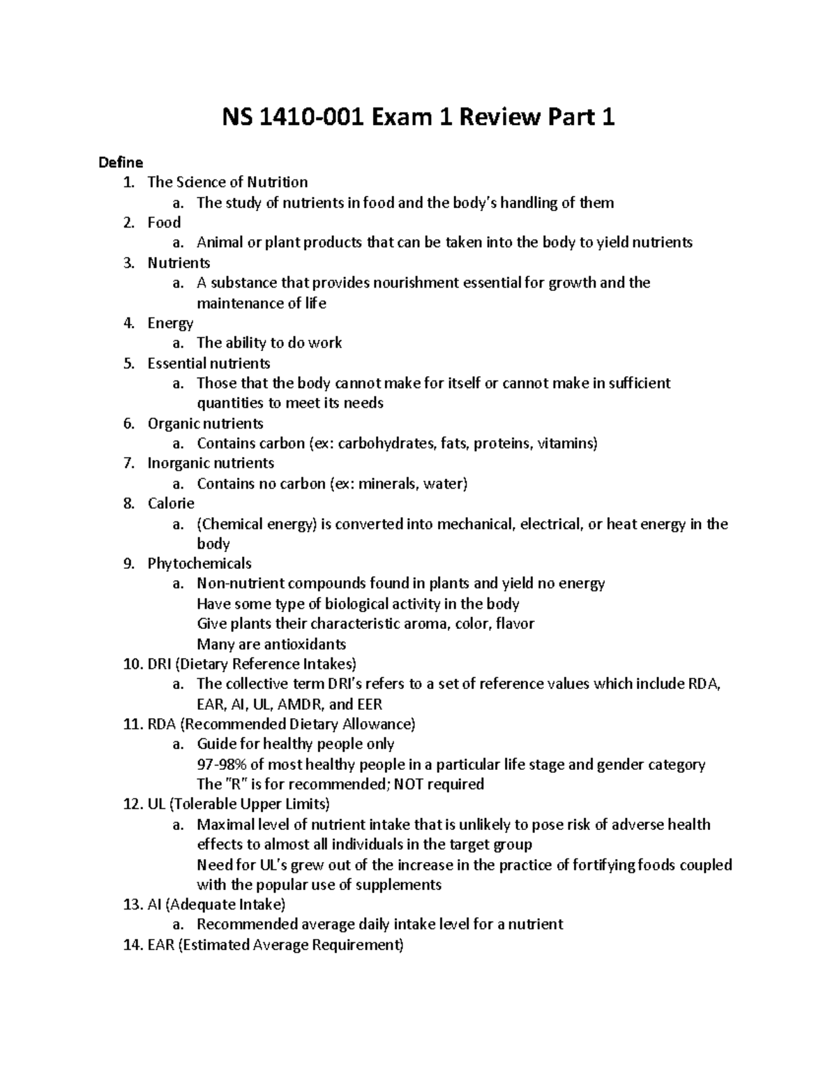 NS 1410 Exam 1 Review - NS 1410-001 Exam 1 Review Part 1 Define 1. The ...