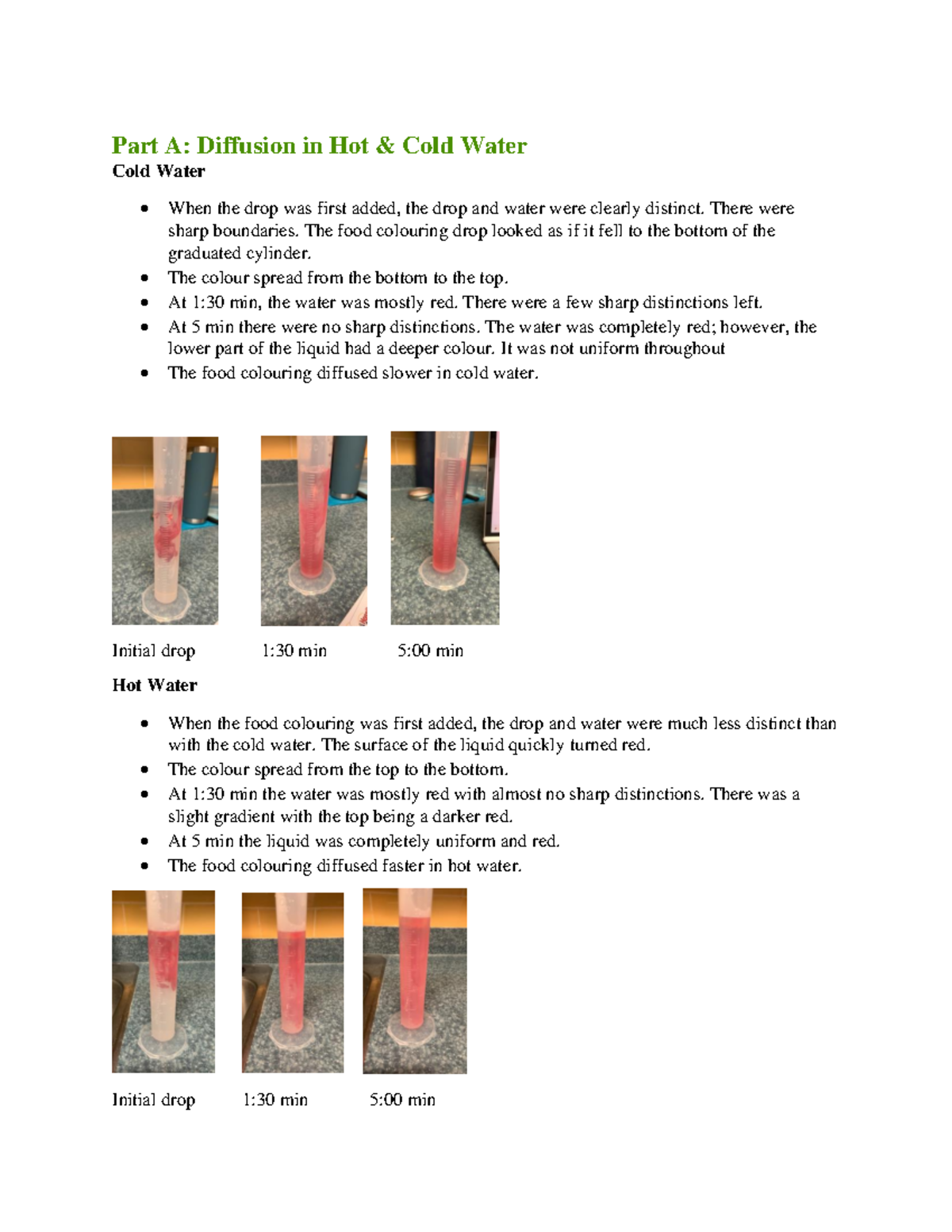 Diffusion Lab - Part A: Diffusion in Hot & Cold Water Cold Water - When ...