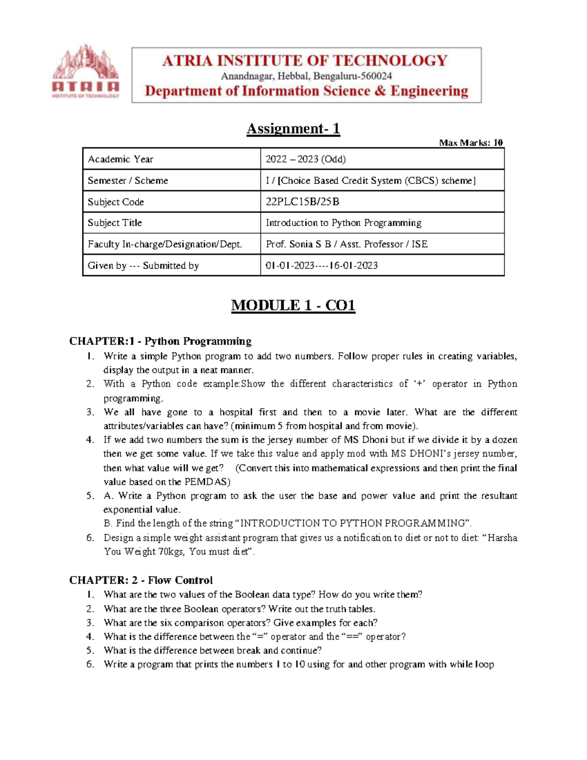 IPP - Assignment Questions - Assignment- 1 Max Marks: 10 Academic Year 2022 – 2023 (Odd ...