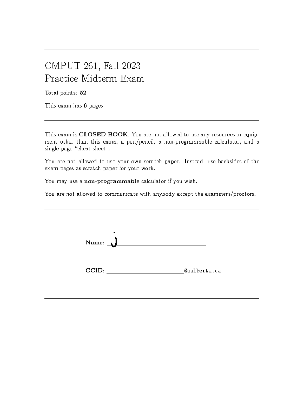 Practice-midterm-23F - CMPUT 261, Fall 2023 Practice Midterm Exam Total ...