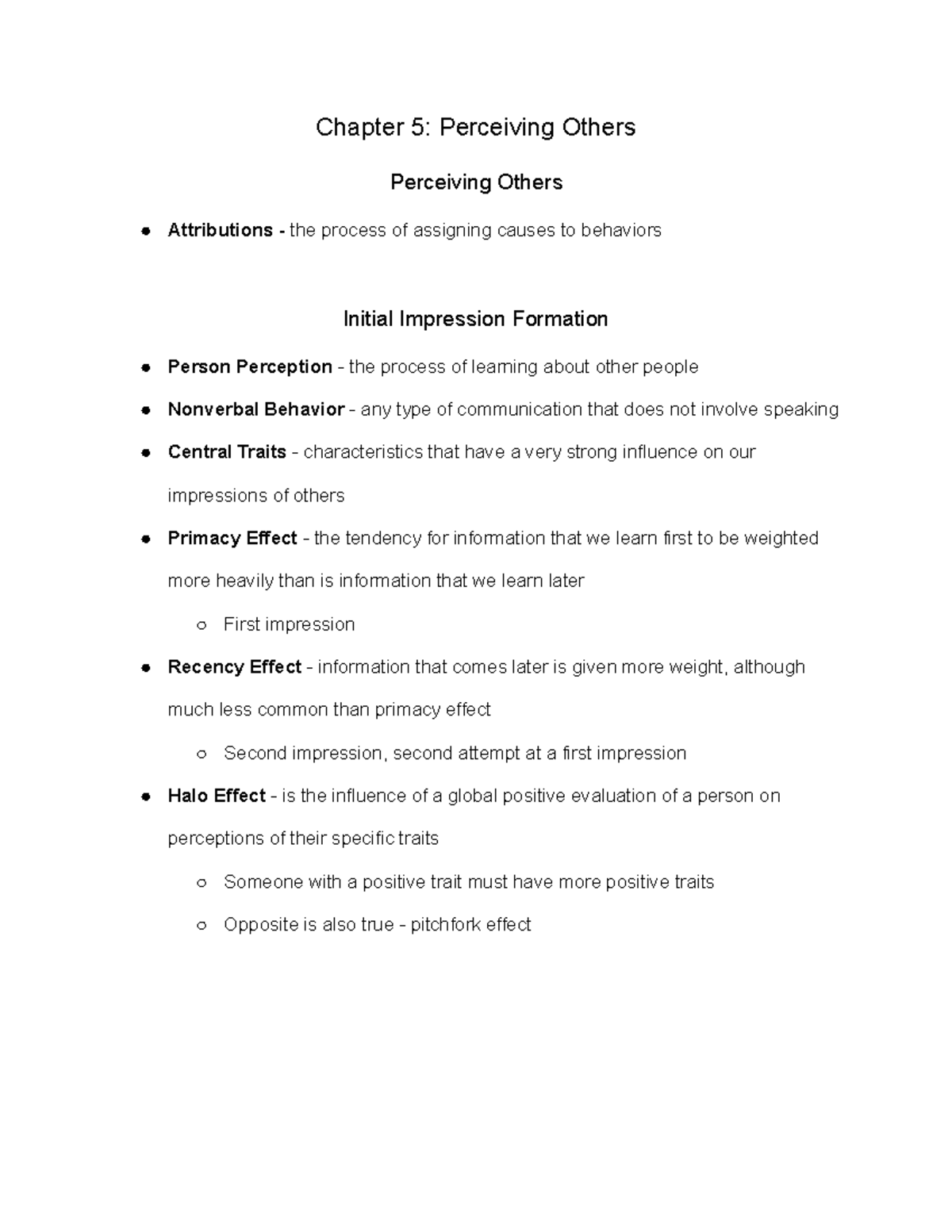 Chapter 5 Notes - Chapter 5: Perceiving Others Perceiving Others ...