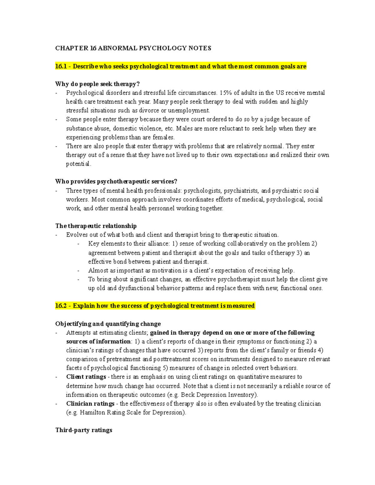 Chapter 16 Abnormal Psychology Notes - CHAPTER 16 ABNORMAL PSYCHOLOGY ...