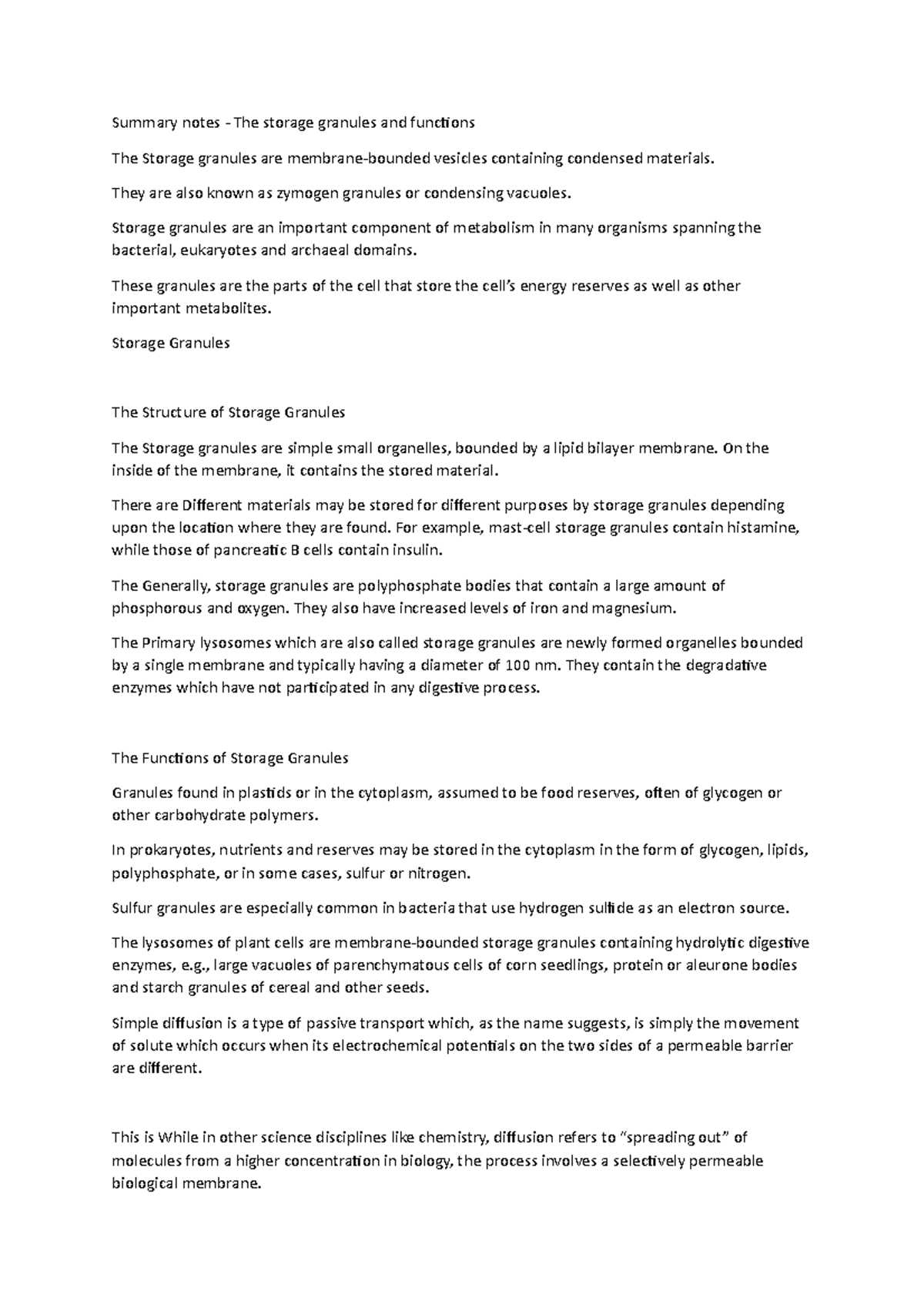 Summary notes - The storage granules and functions - They are also ...