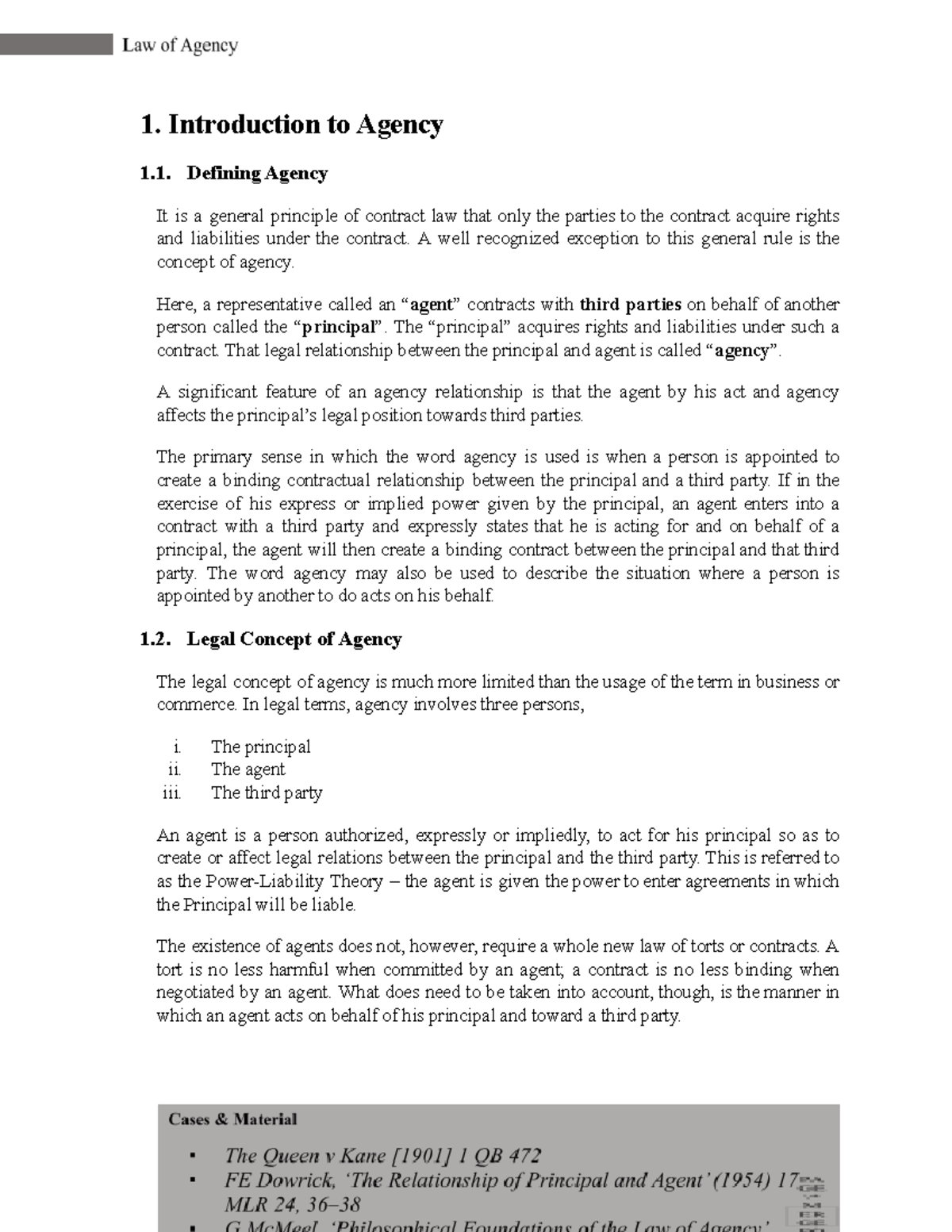 Law of Agency Primer - 1. Introduction to Agency 1. Defining Agency It ...
