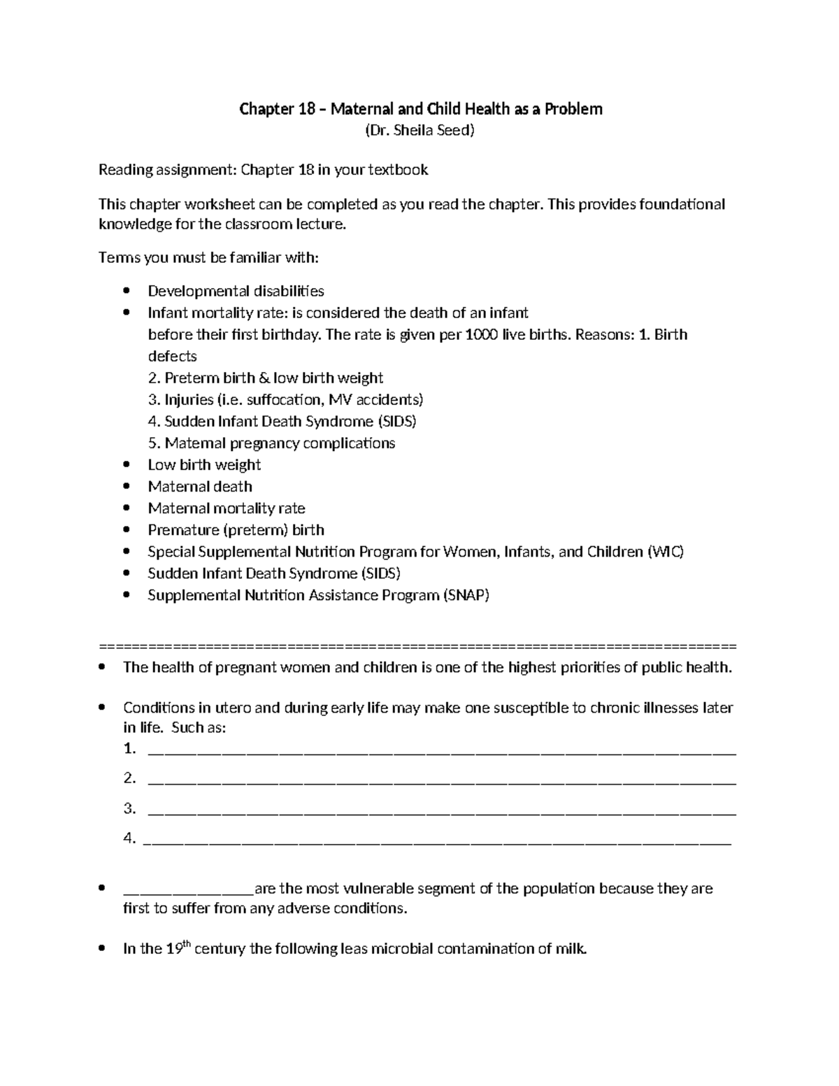 Chapter 18 Maternal and Child health worksheet - Chapter 18 – Maternal ...