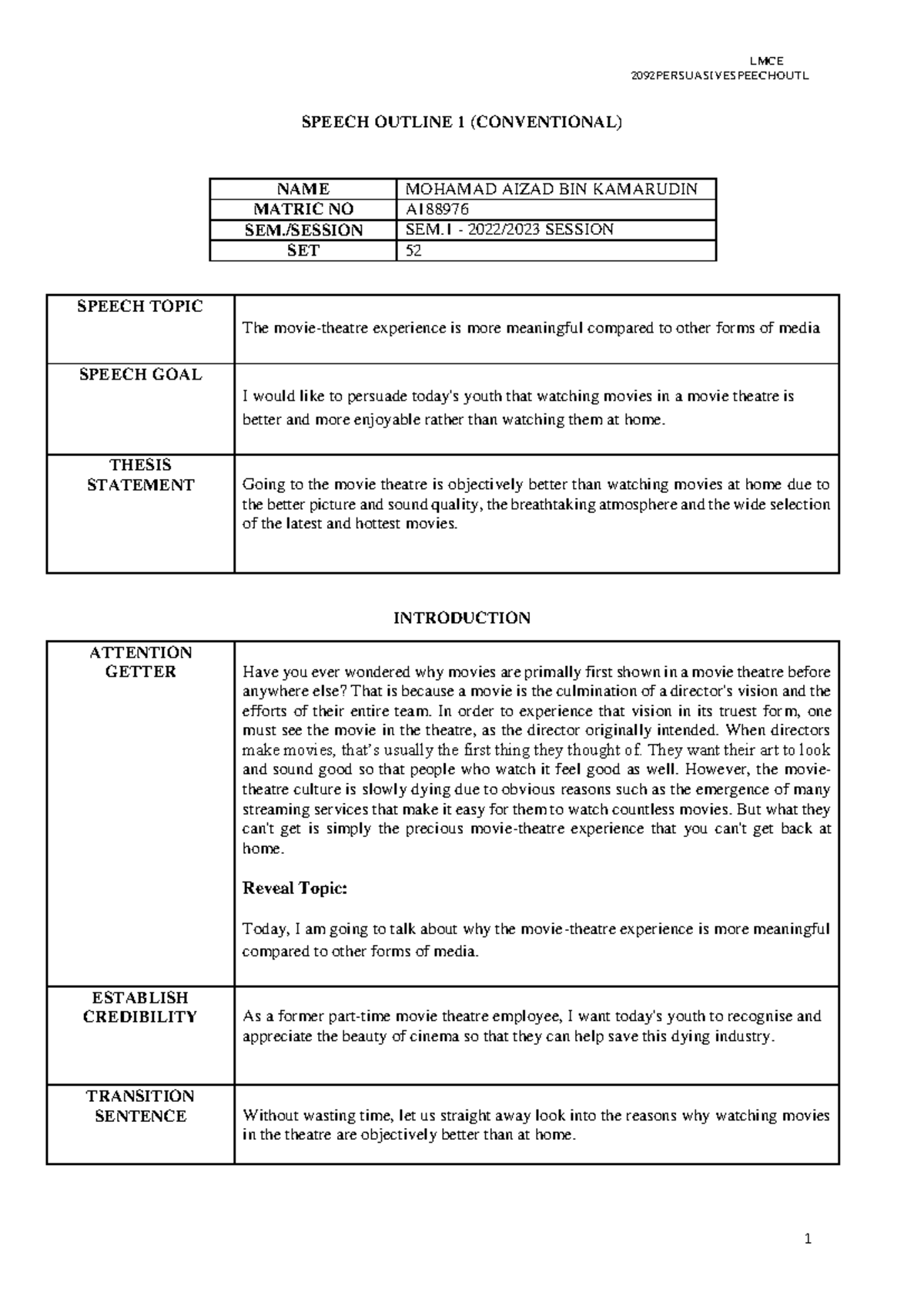 Speech Outline A188976 - 2092 PERSUASIVESPEECHOUTL INE SPEECH OUTLINE 1 ...