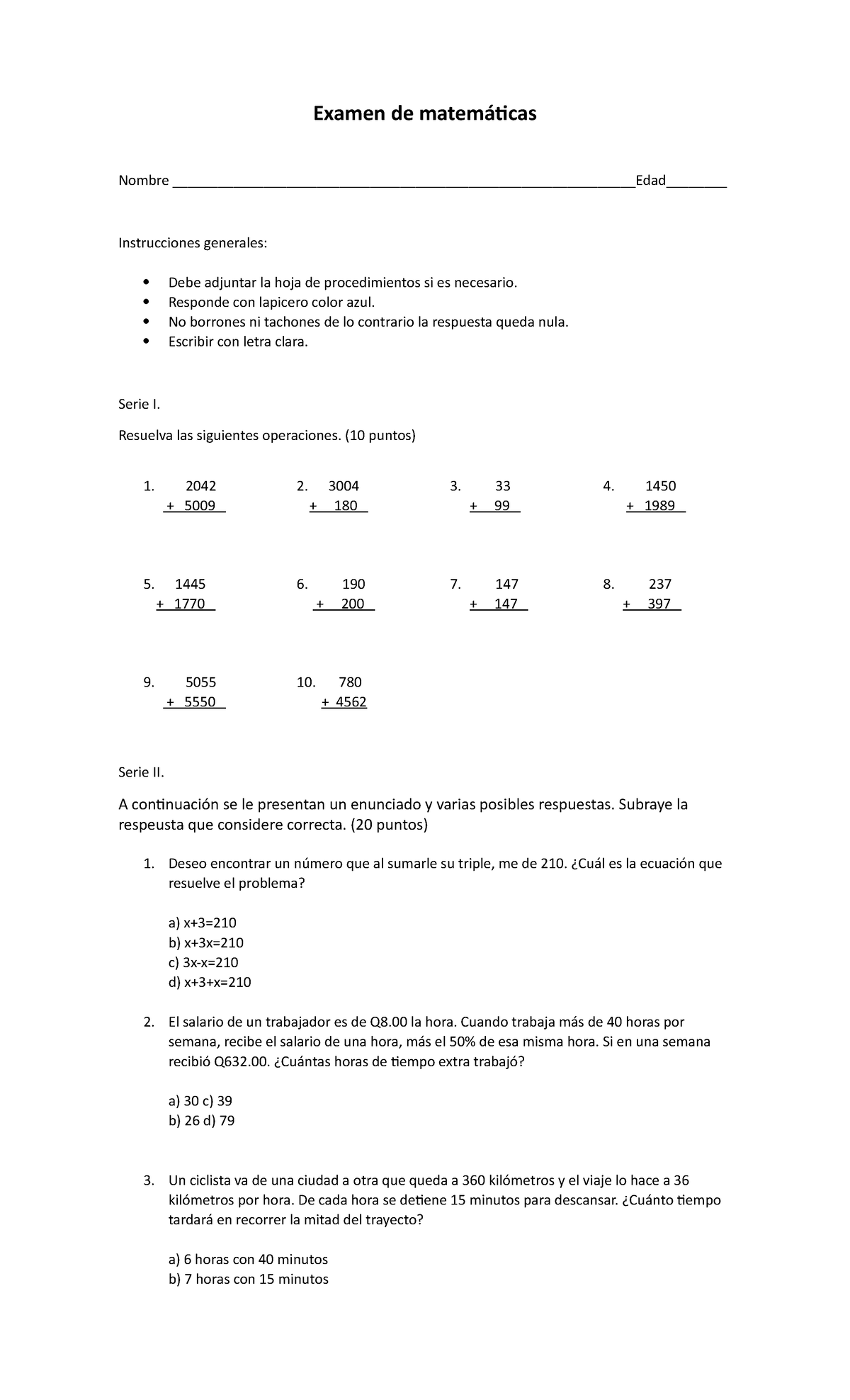 Examen de matemáticas para ingreso - mathematic - Studocu