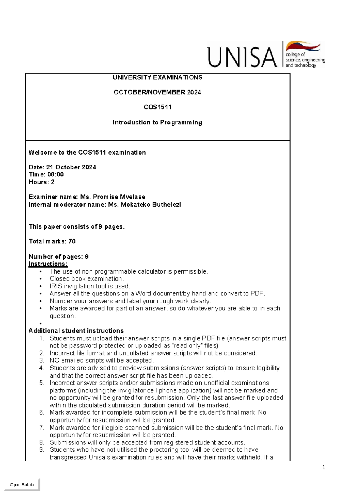 COS1511 Oct Nov EQP 2024 - UNIVERSITY EXAMINATIONS OCTOBER/NOVEMBER 2024 COS Introduction to ...