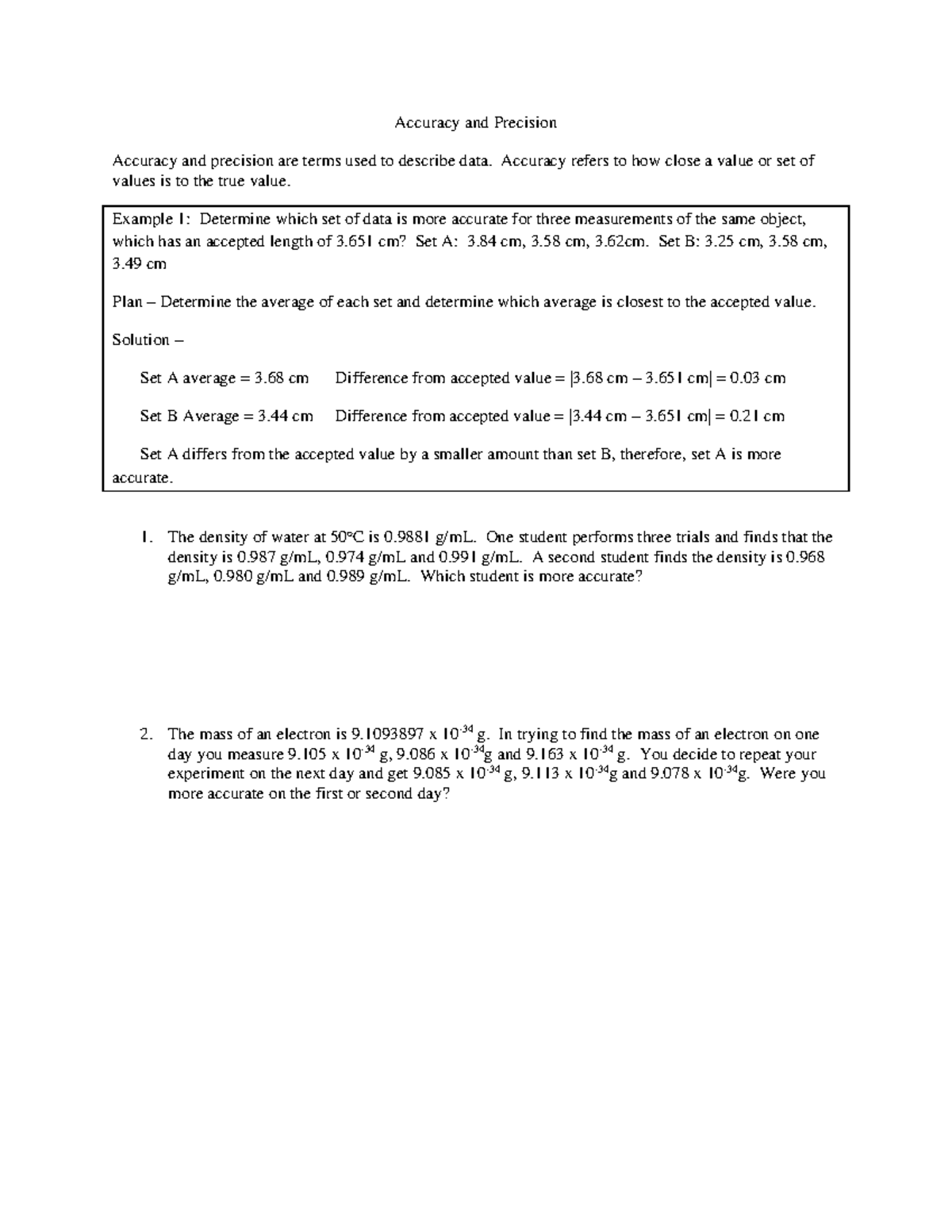 Chapter 1 Exercises - Accuracy and Precision Accuracy and precision are ...