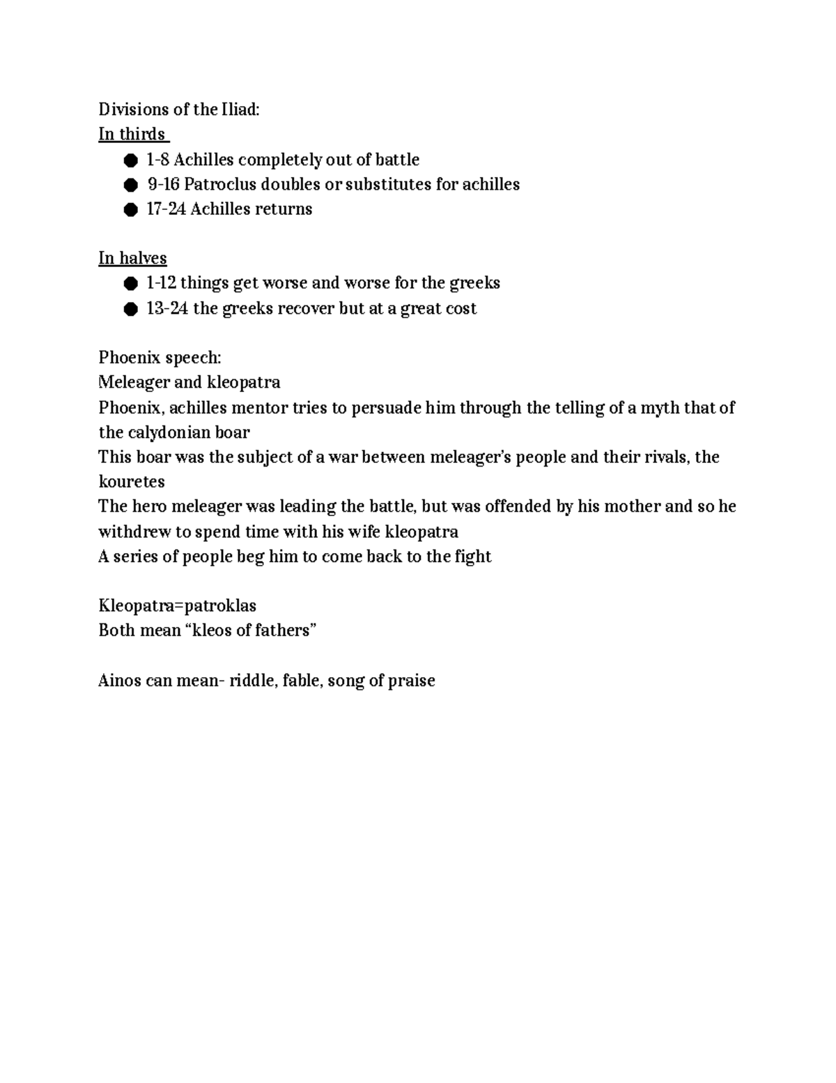 Class notes Greek - Divisions of the Iliad: In thirds 1-8 Achilles ...