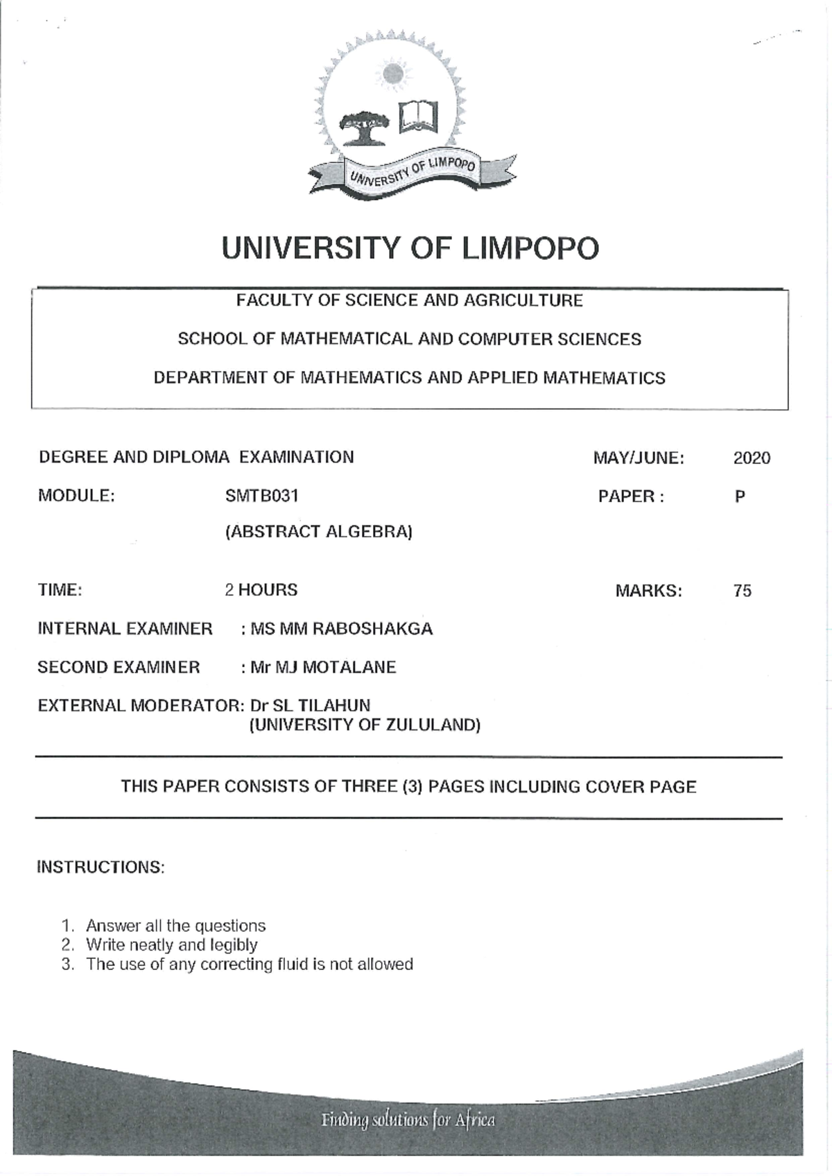 SMTB031 MAY JUNE 2020 - question papers - UNIVERSITY OF LIMPOPO ...