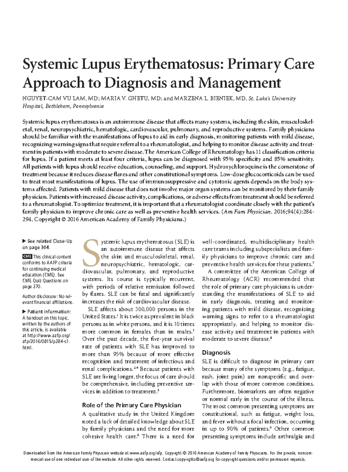 SLE Management - summary of common conditions conditions conditions ...