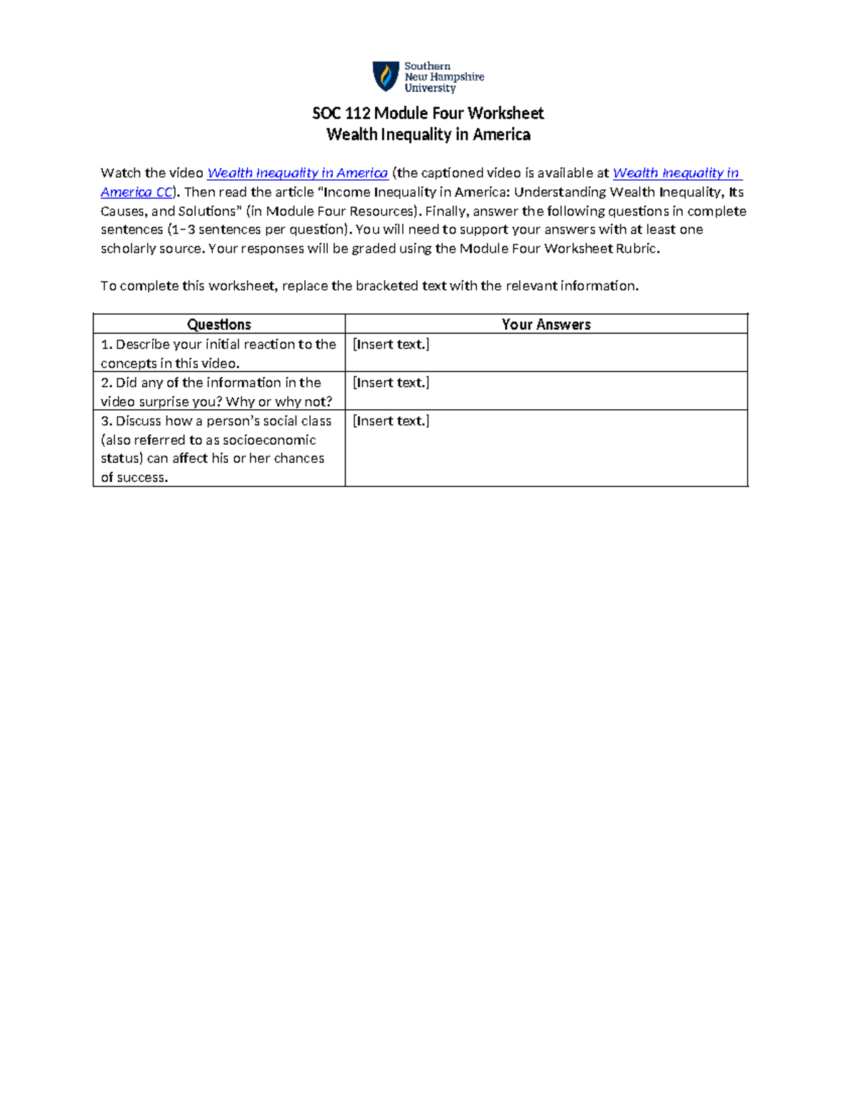 SOC 112 Module Four Worksheet - SOC 112 Module Four Worksheet Wealth ...