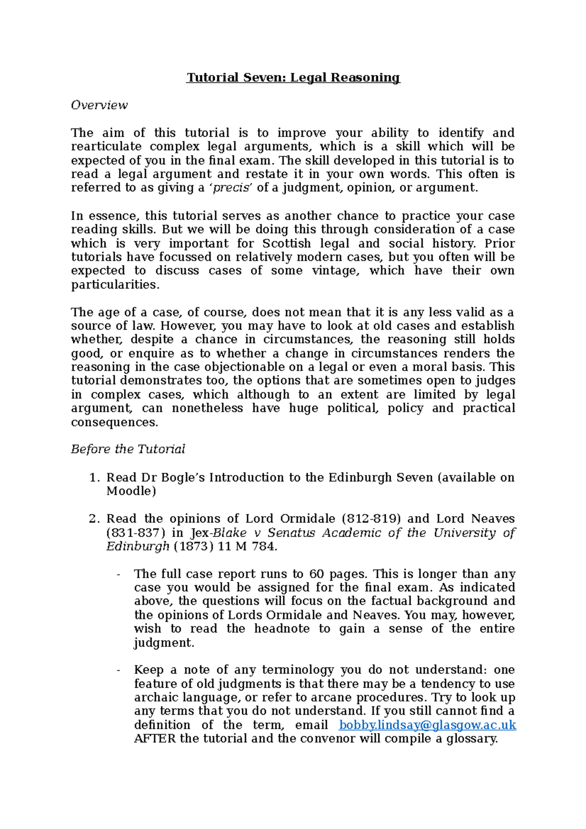 Tutorial 7 - Questions with instructions given by lecturer on what to ...