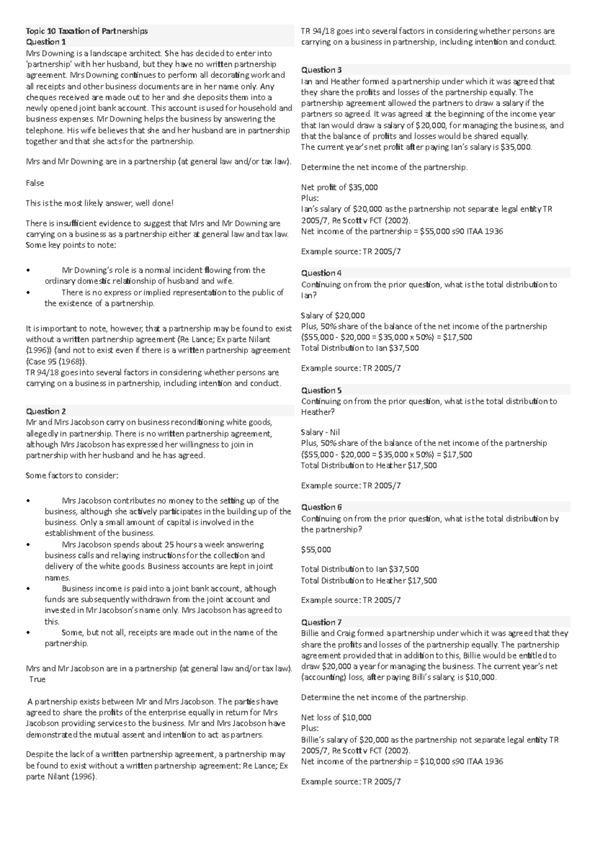 Topic 10 Partnership - Topic 10 Taxation of Partnerships Question 1 Mrs ...