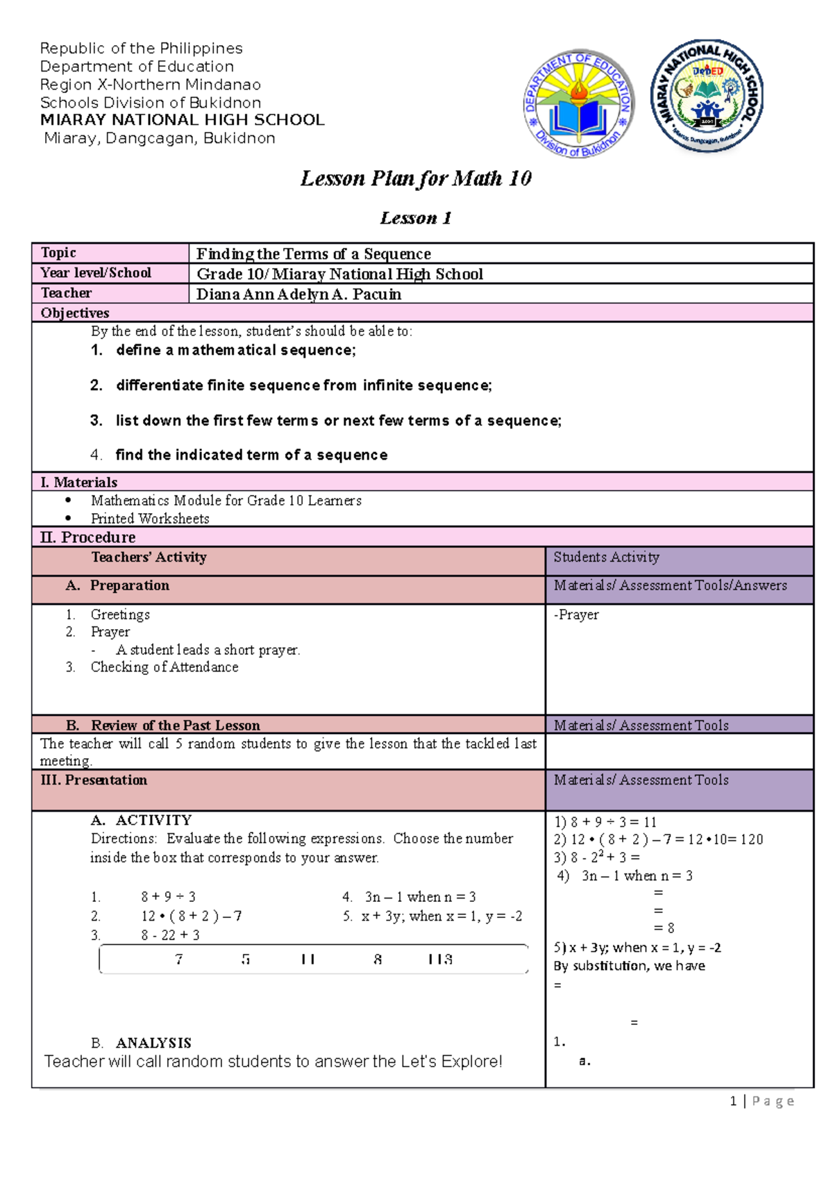 Lesson PLAN - Republic of the Philippines Department of Education ...