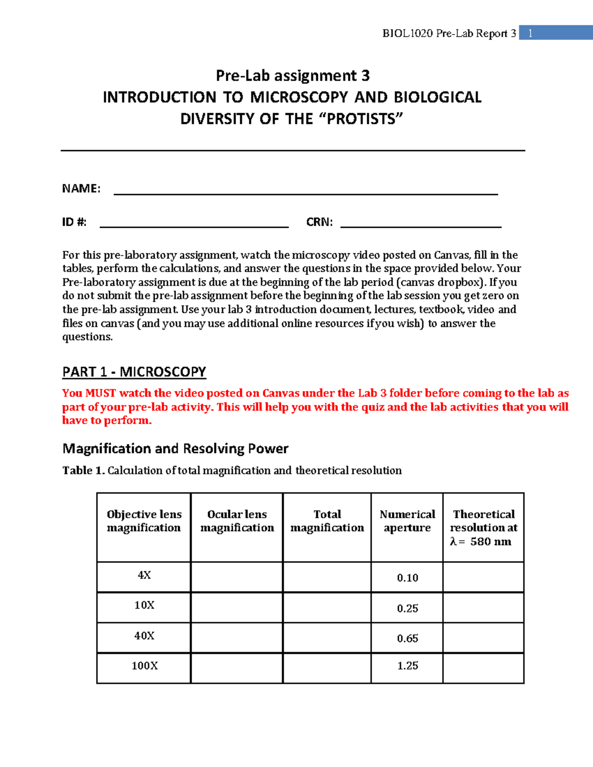 Lab 3 Pre-Lab Assignment W2024 - Pre-Lab assignment 3 INTRODUCTION TO MICROSCOPY AND BIOLOGICAL ...