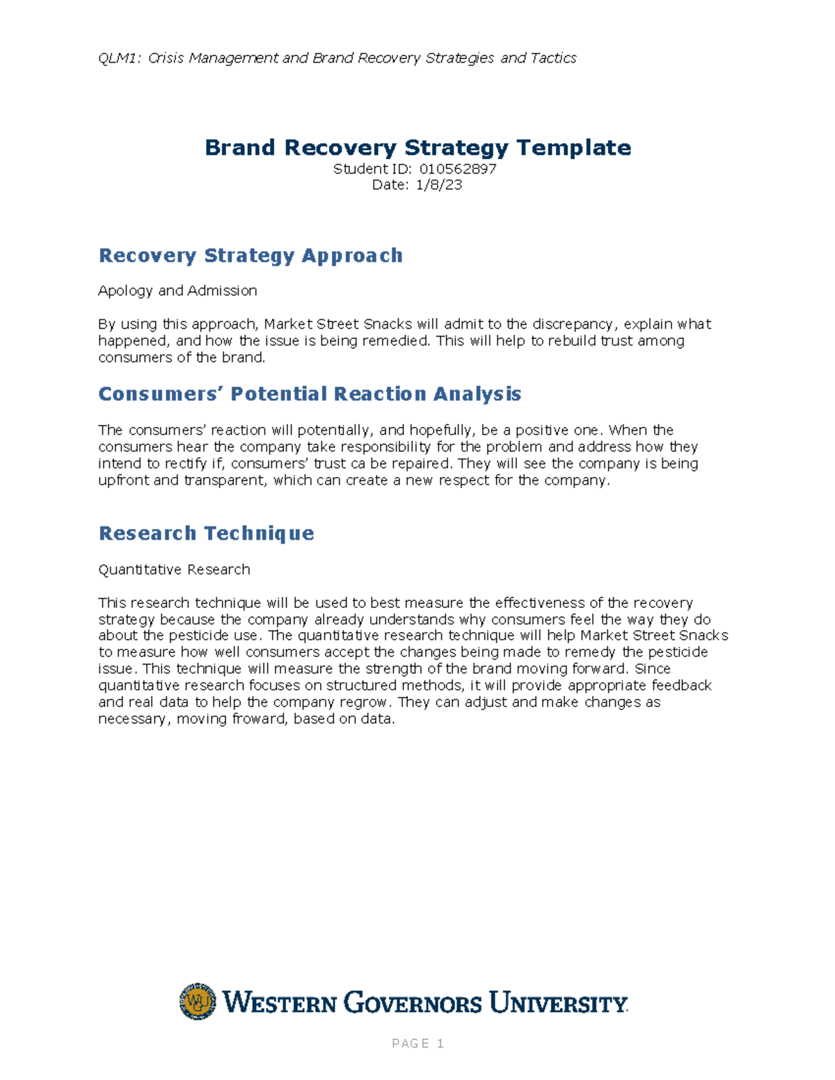 Brand Recovery Strategy Template D177 Task 2 - QLM1: Crisis Management ...