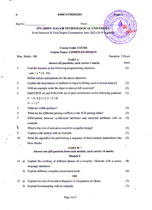 CST302 Compiler Design, JUNE 2023 previous year paper - A Reg No.: Max ...