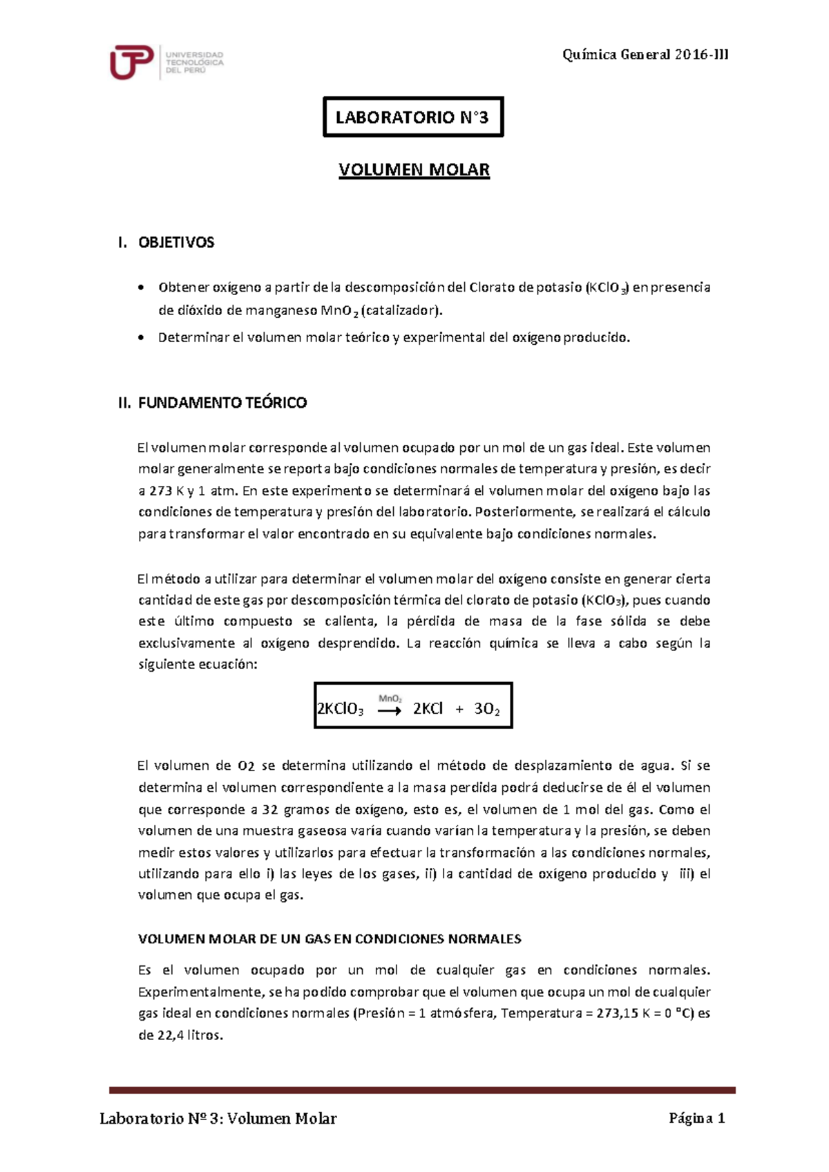 Scribd - asdsada - VOLUMEN MOLAR I. OBJETIVOS Obtener oxígeno a partir ...