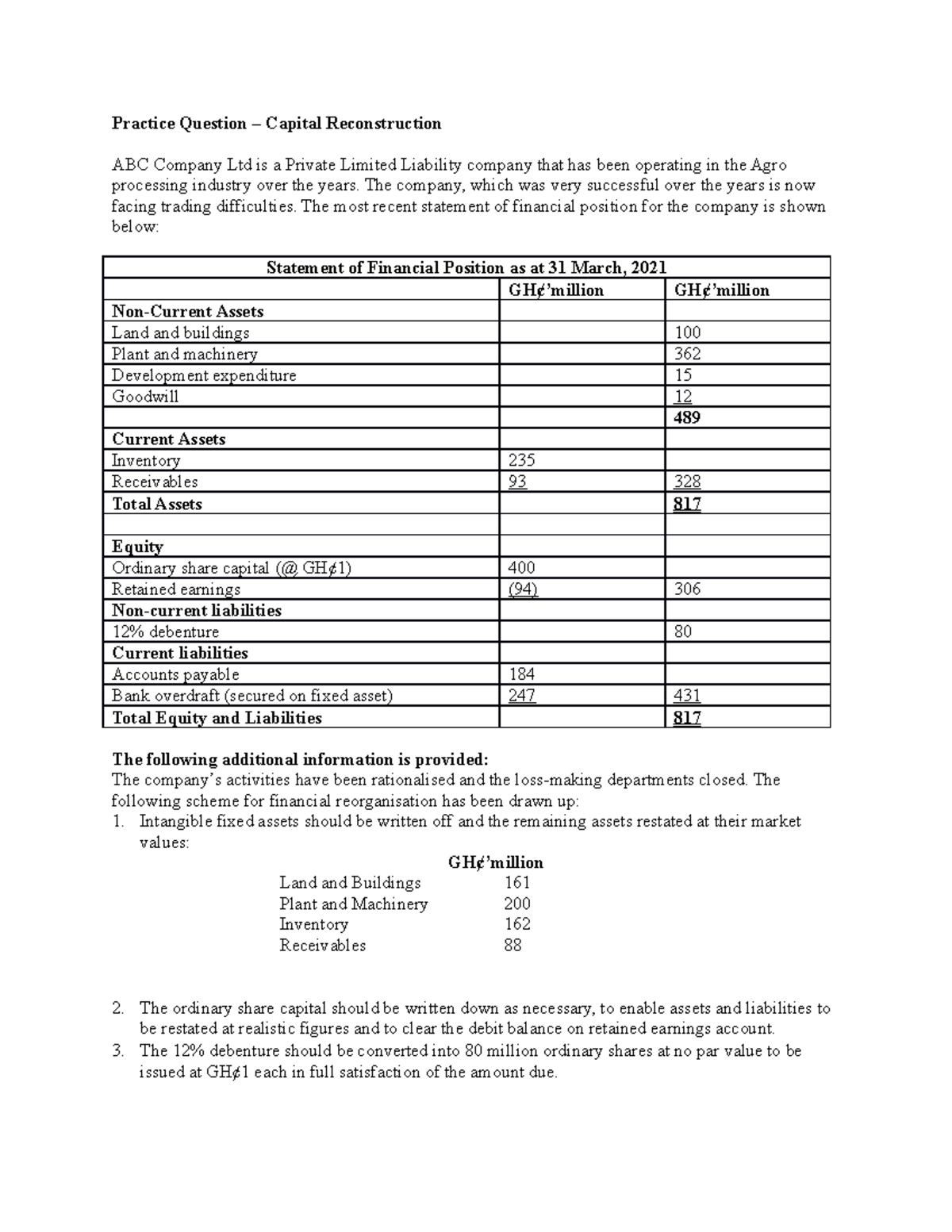 Practice Question - Capital Reconstruction Class Copy - Corporate ...