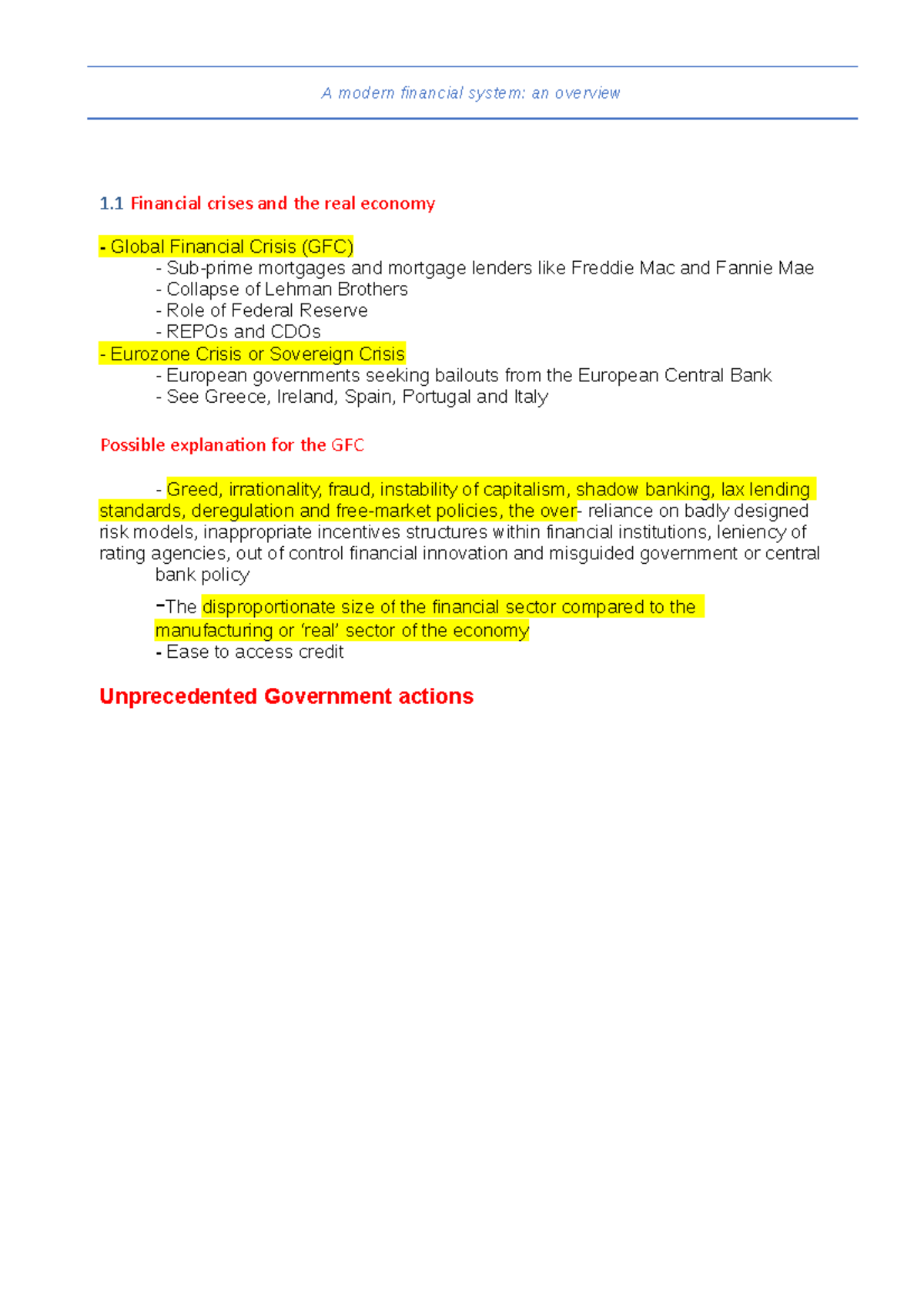 Lec 1-2 - Lecture notes 1-2 - A modern financial system: an overview 1 ...