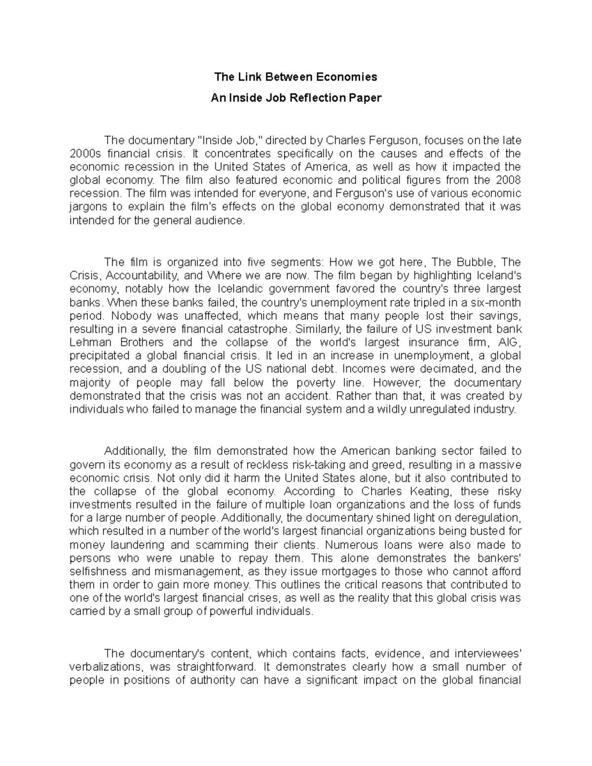 Inside Job Documentary Reflection Paper - The Link Between Economies An ...