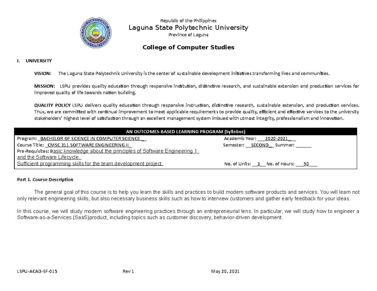 Syllabus CMSC311-L - Republic of the Philippines Laguna State Polytechnic University Province of ...
