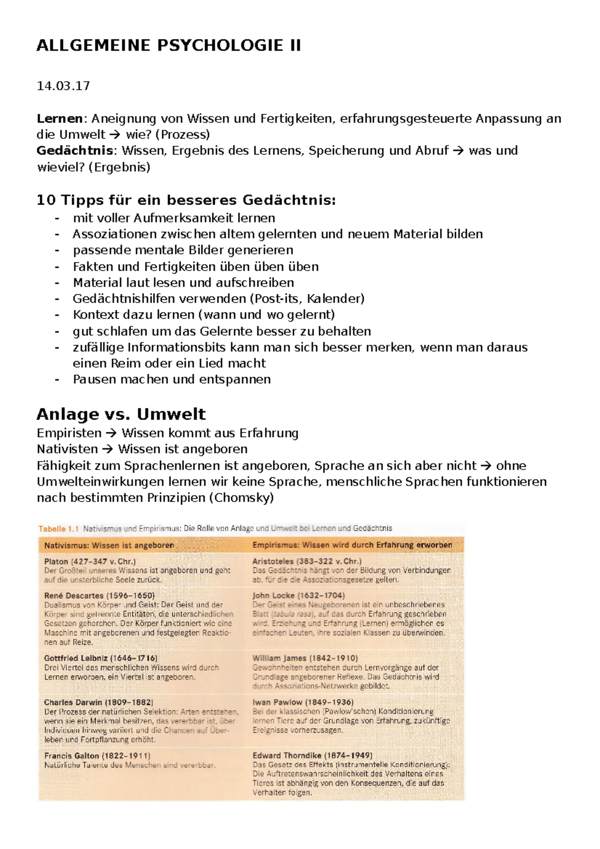 Allgemeine Psychologie 2 Zusammenfassung - ALLGEMEINE PSYCHOLOGIE II 14.03 Lernen: Aneignung von ...