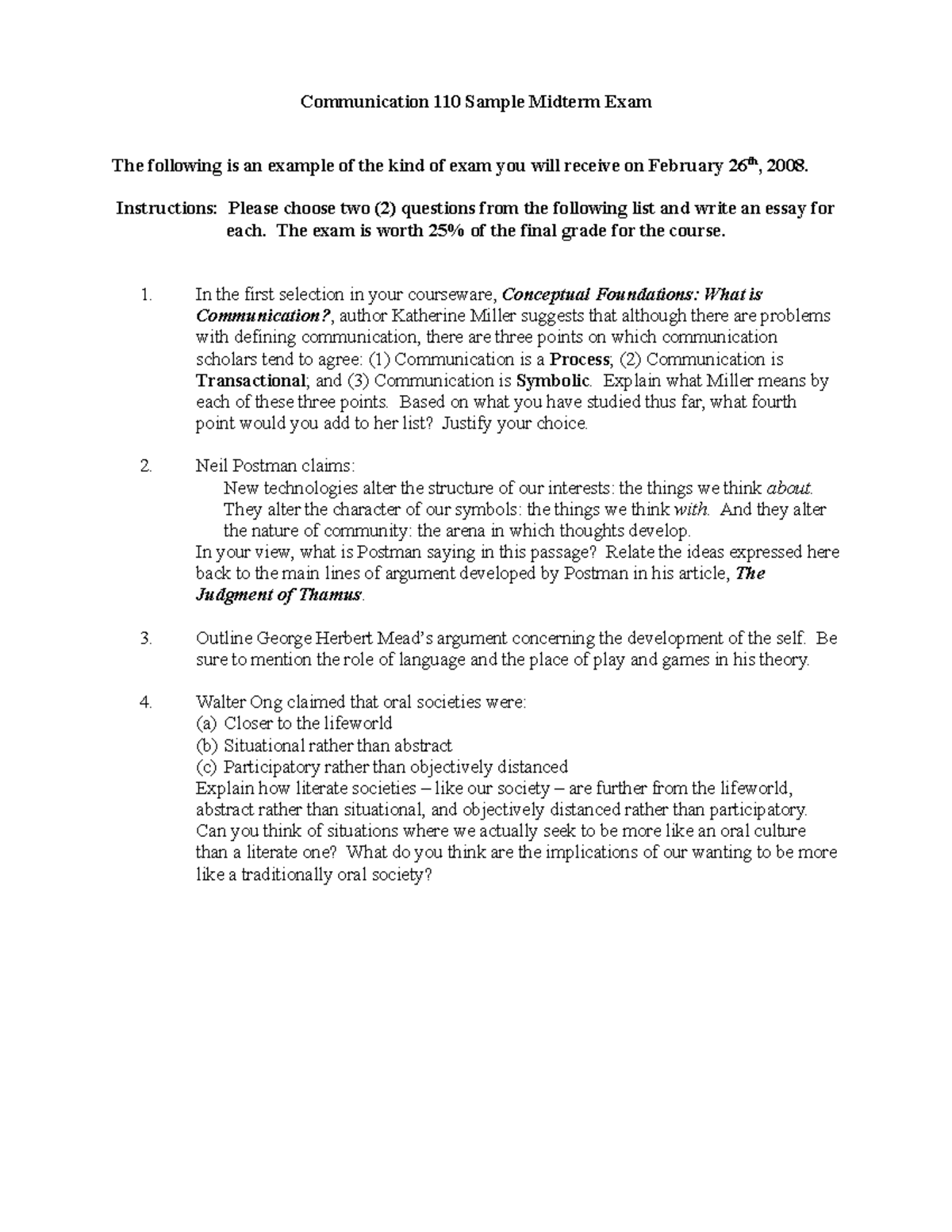 Doc J9Nkocsahb - Midterm example questions - Communication 110 Sample ...