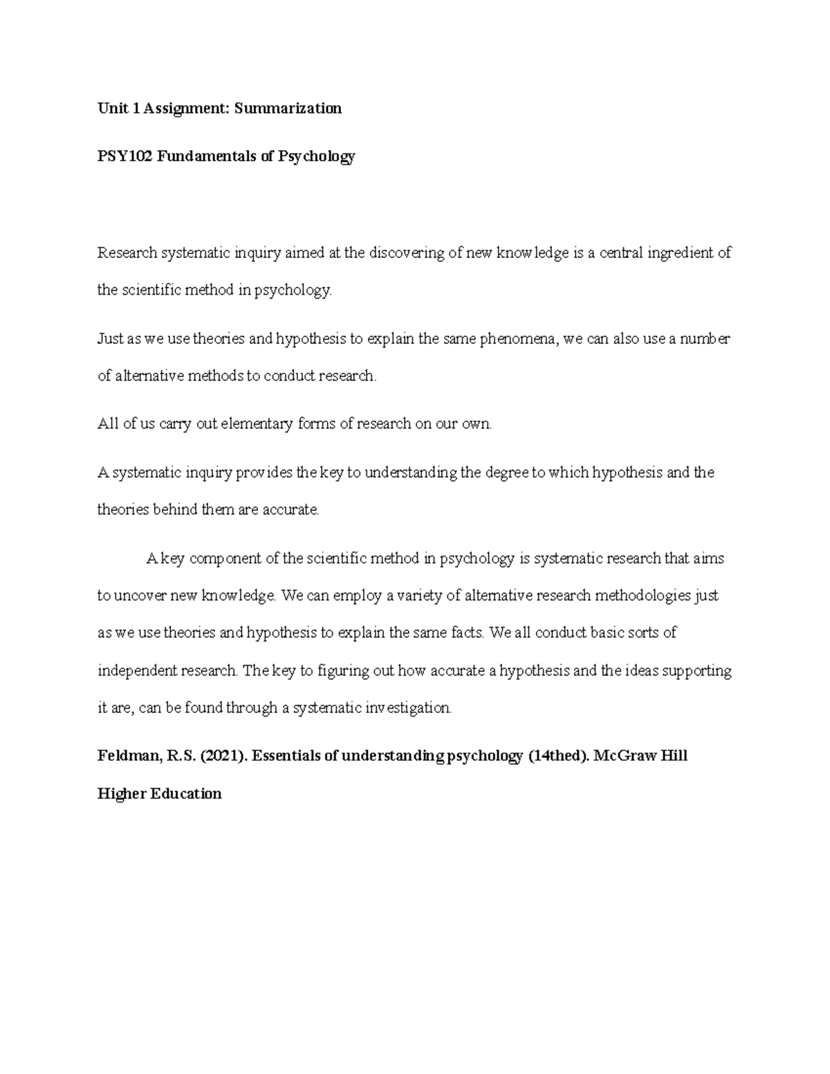 UNIT 1 Assignment Summarization - Unit 1 Assignment: Summarization PSY102 Fundamentals of ...