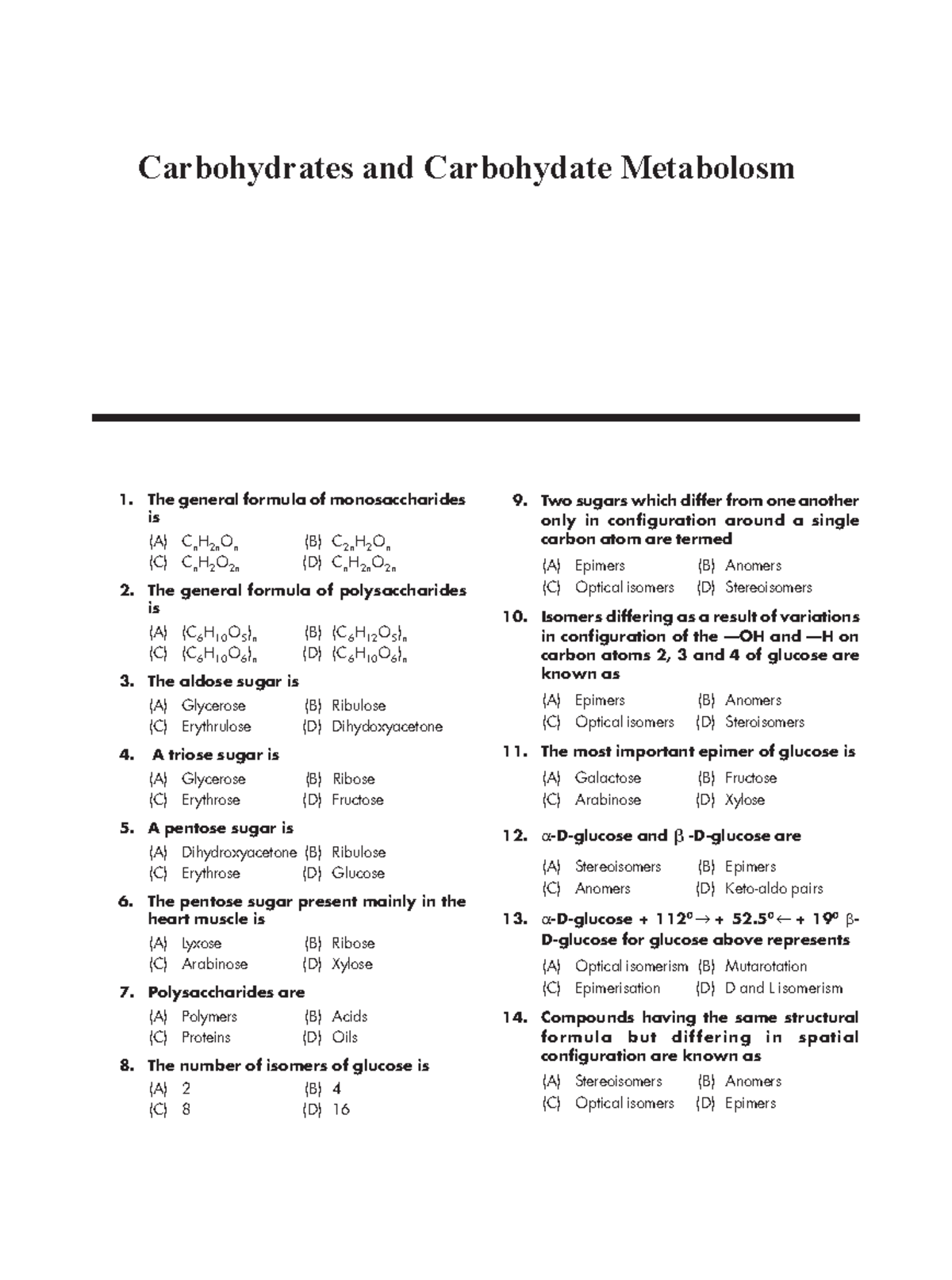 Carbohydrates MCQs Multiple Choice Questions With Answers 