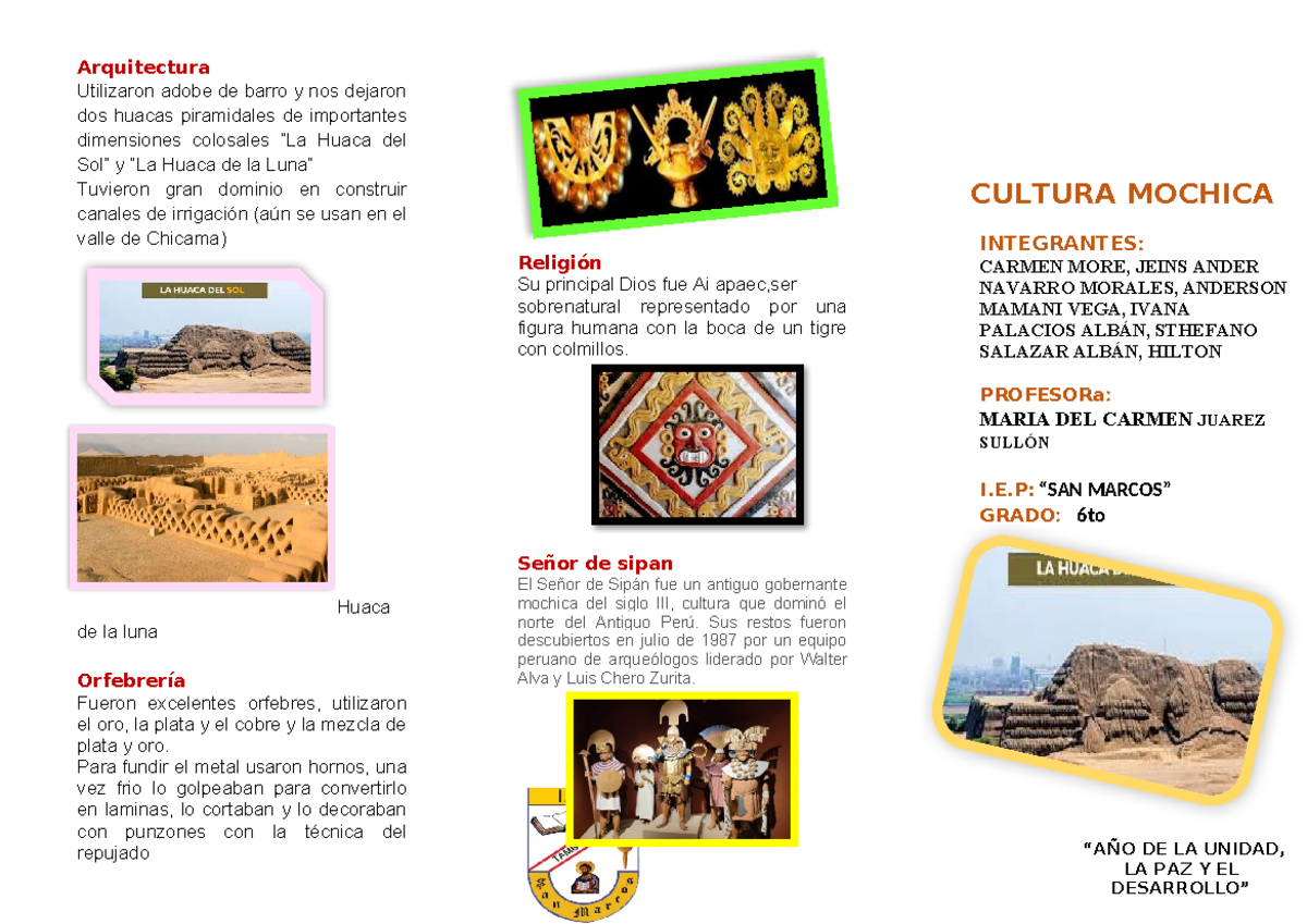 Triptico Cultura Mochica - Arquitectura Utilizaron adobe de barro y nos dejaron dos huacas - Studocu
