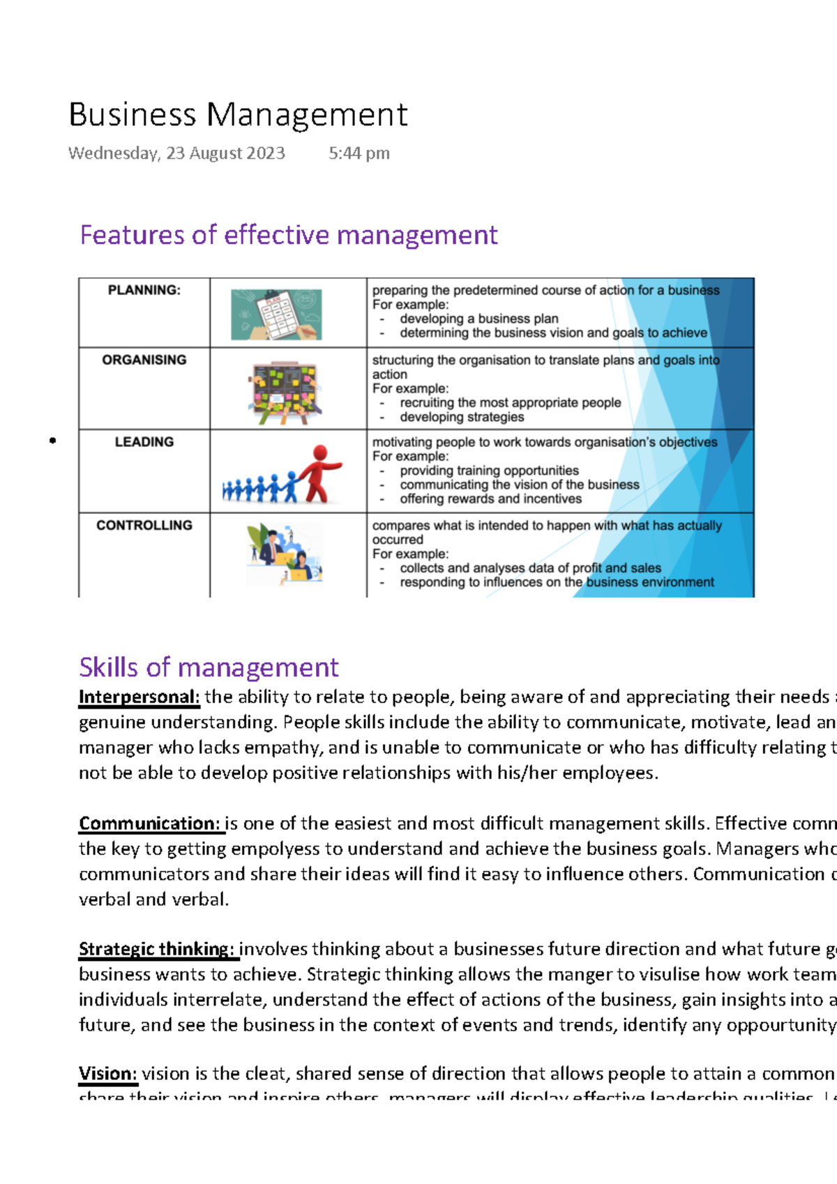 Business Management - ... - Features of effective management • Skills ...