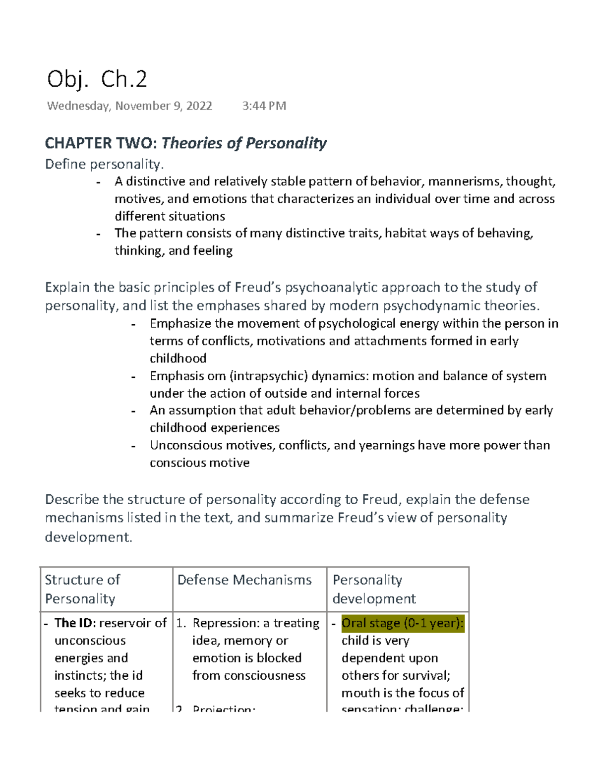 Objectives Chaper 2 - CHAPTER TWO: Theories of Personality Define ...