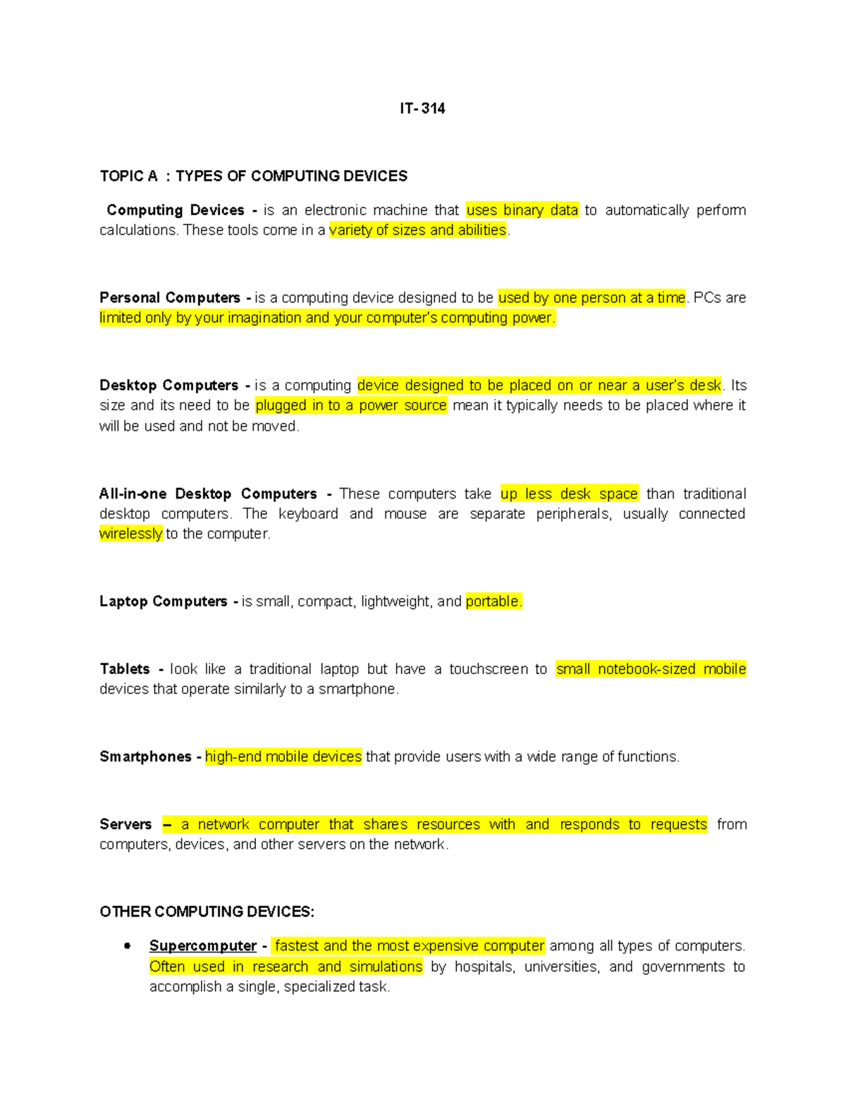 Prelim Reviewer - Database - IT- 314 TOPIC A : TYPES OF COMPUTING ...