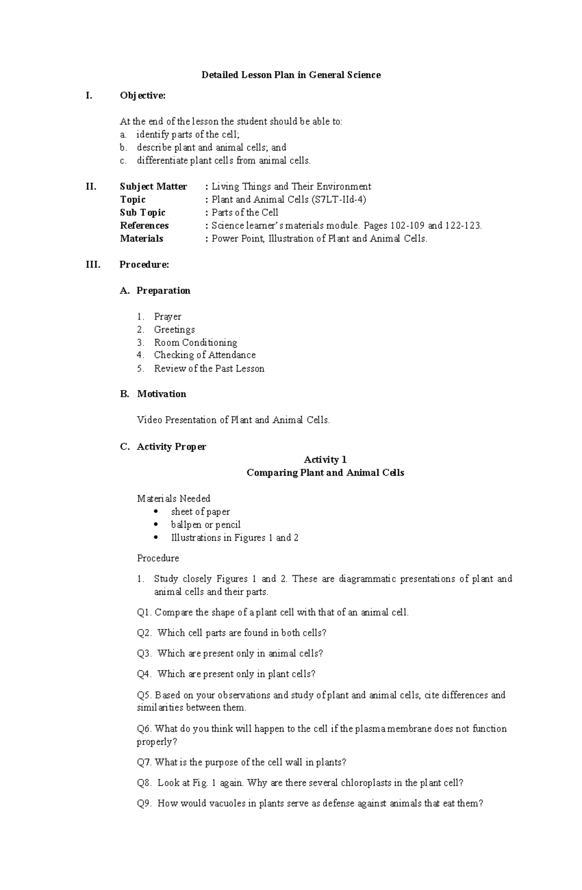 445801276 Lesson Plan Plant and Animal Cell docx - Detailed Lesson Plan ...