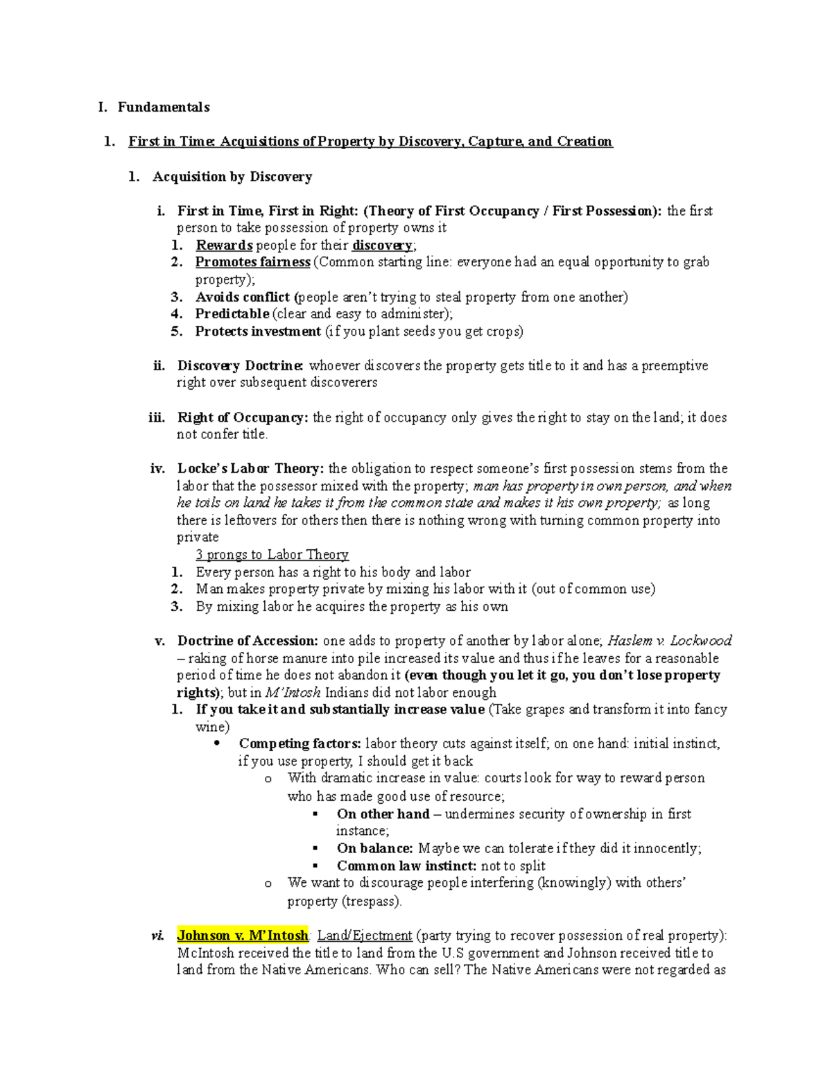 Property Law Outline - 2 - I. Fundamentals First in Time: Acquisitions ...